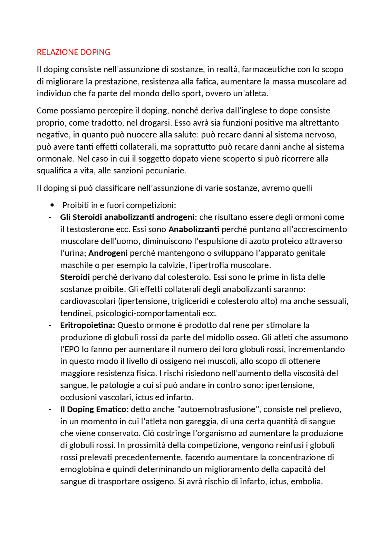 Relazione sul Doping. - Docsity