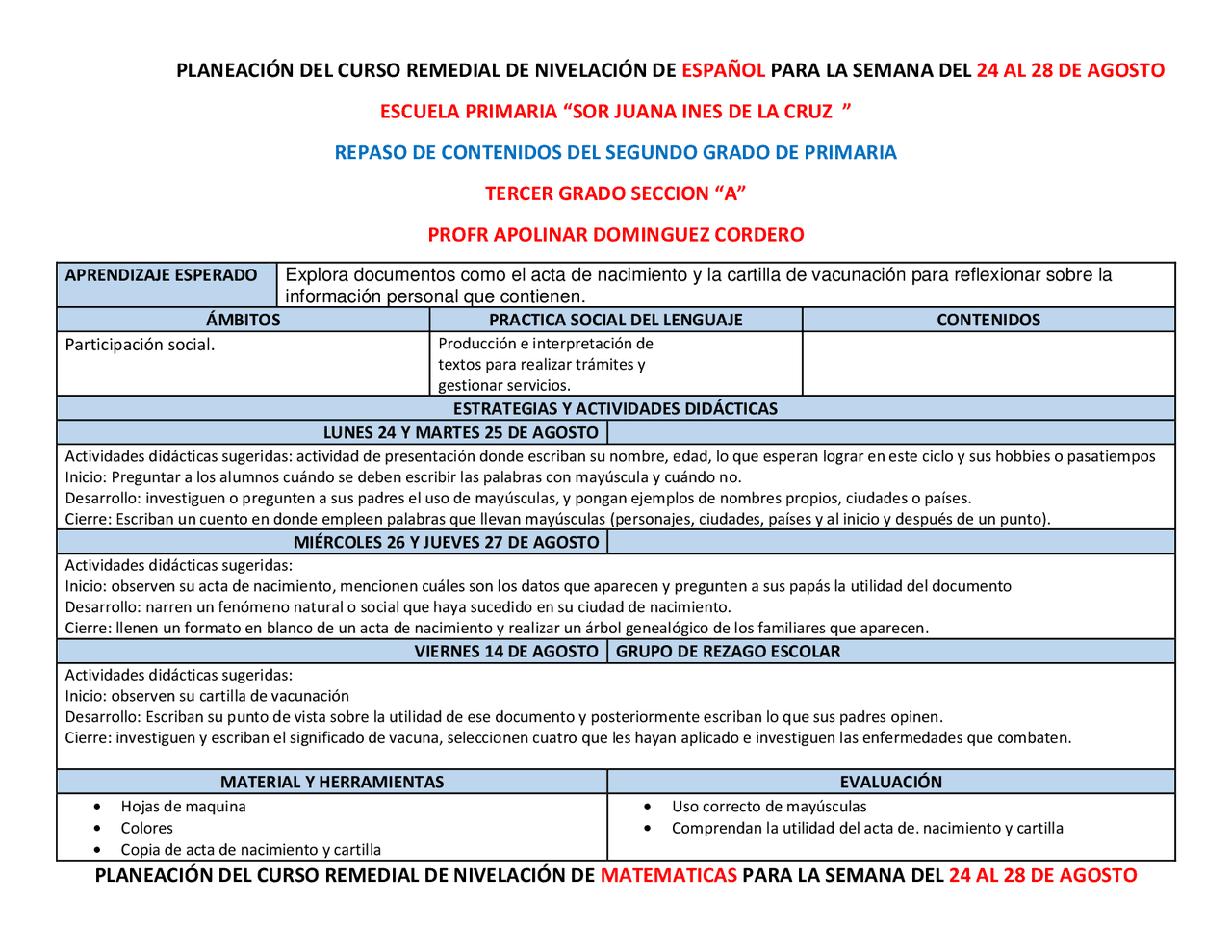 ACTIVIADES TERCER GRADO | Ejercicios de Idioma Español | Docsity