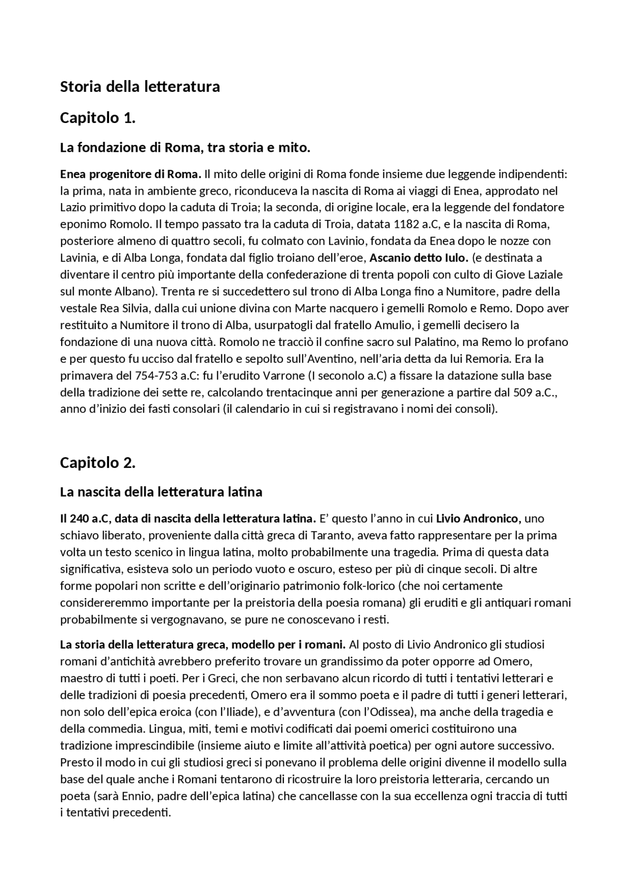 Letteratura latina, riassunto Capitolo 1 e 2. - Docsity