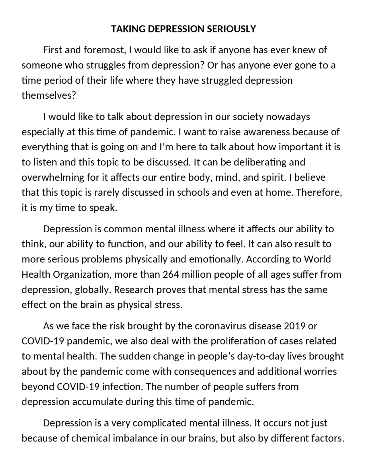 Taking Depression Seriously Speech Essays high School English Taking Depression Seriously Speech Essays high School English