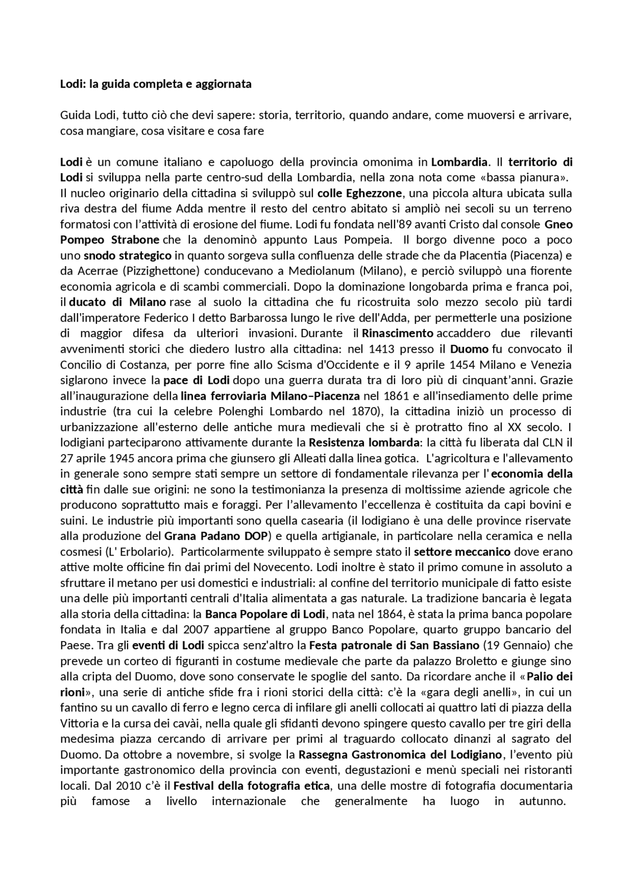 Lodi: la guida completa e aggiornata - Docsity