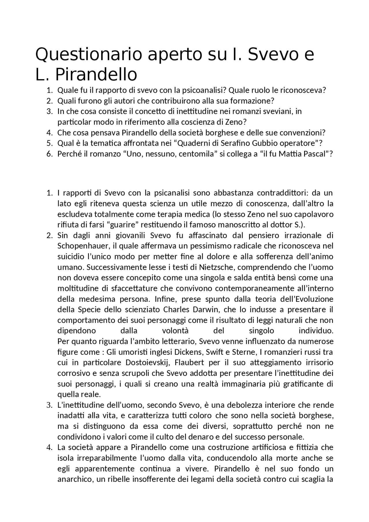 Questionario su Svevo e Pirandello | Esercizi di Italiano | Docsity