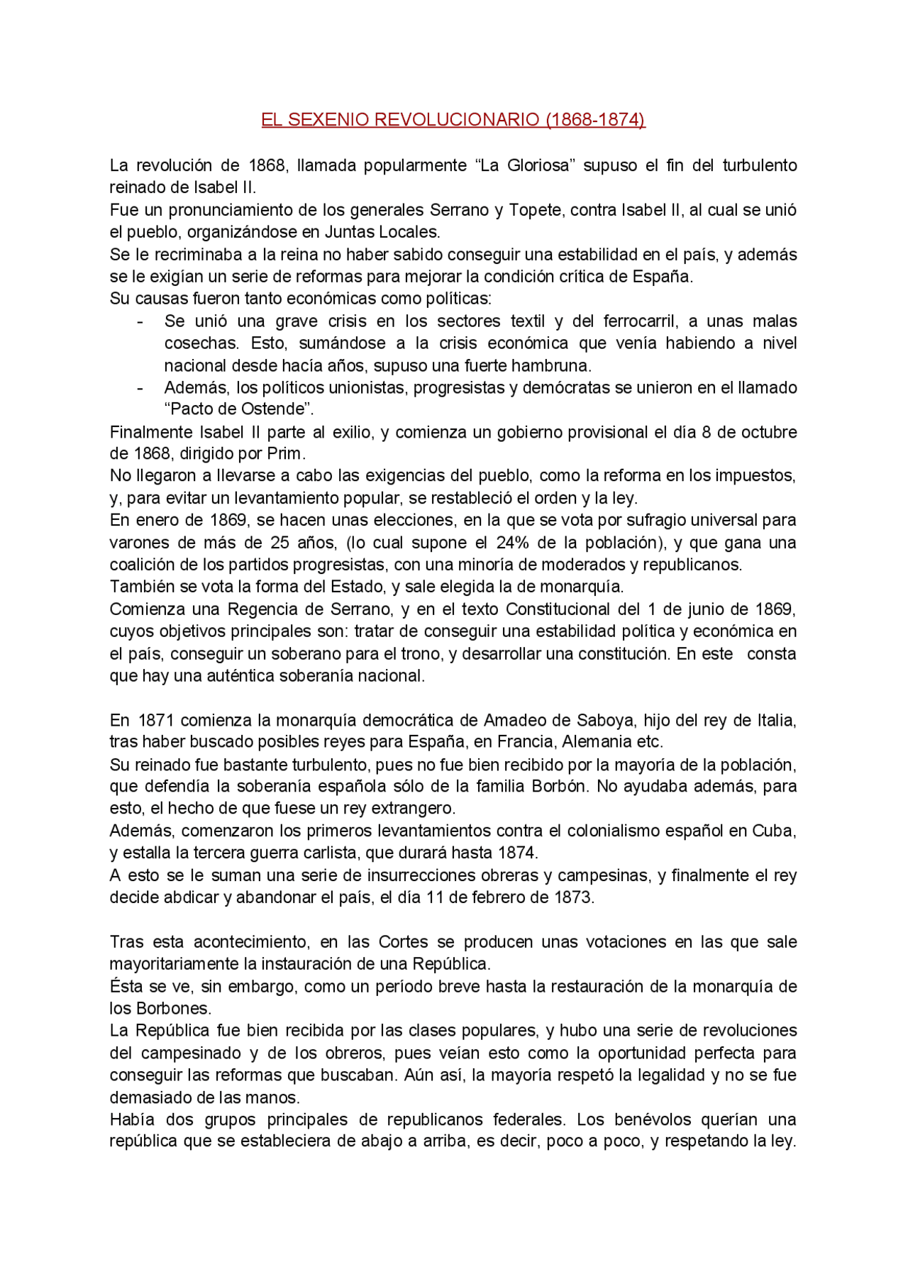 EL SEXENIO REVOLUCIONARIO (1868-1874). - Docsity