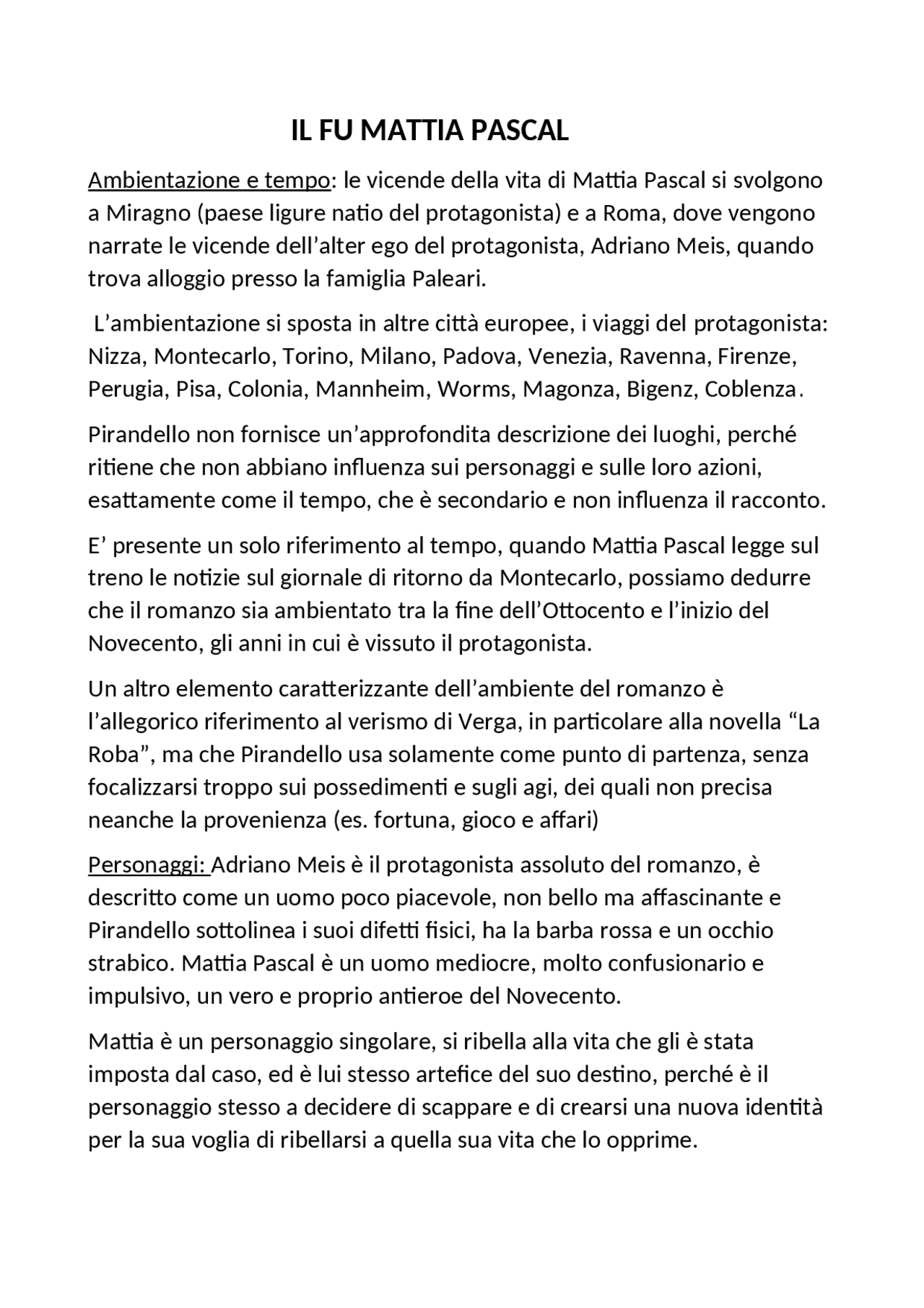 Il Fu Mattia Pascal Appunti Di Lingue E Letterature Classiche Docsity