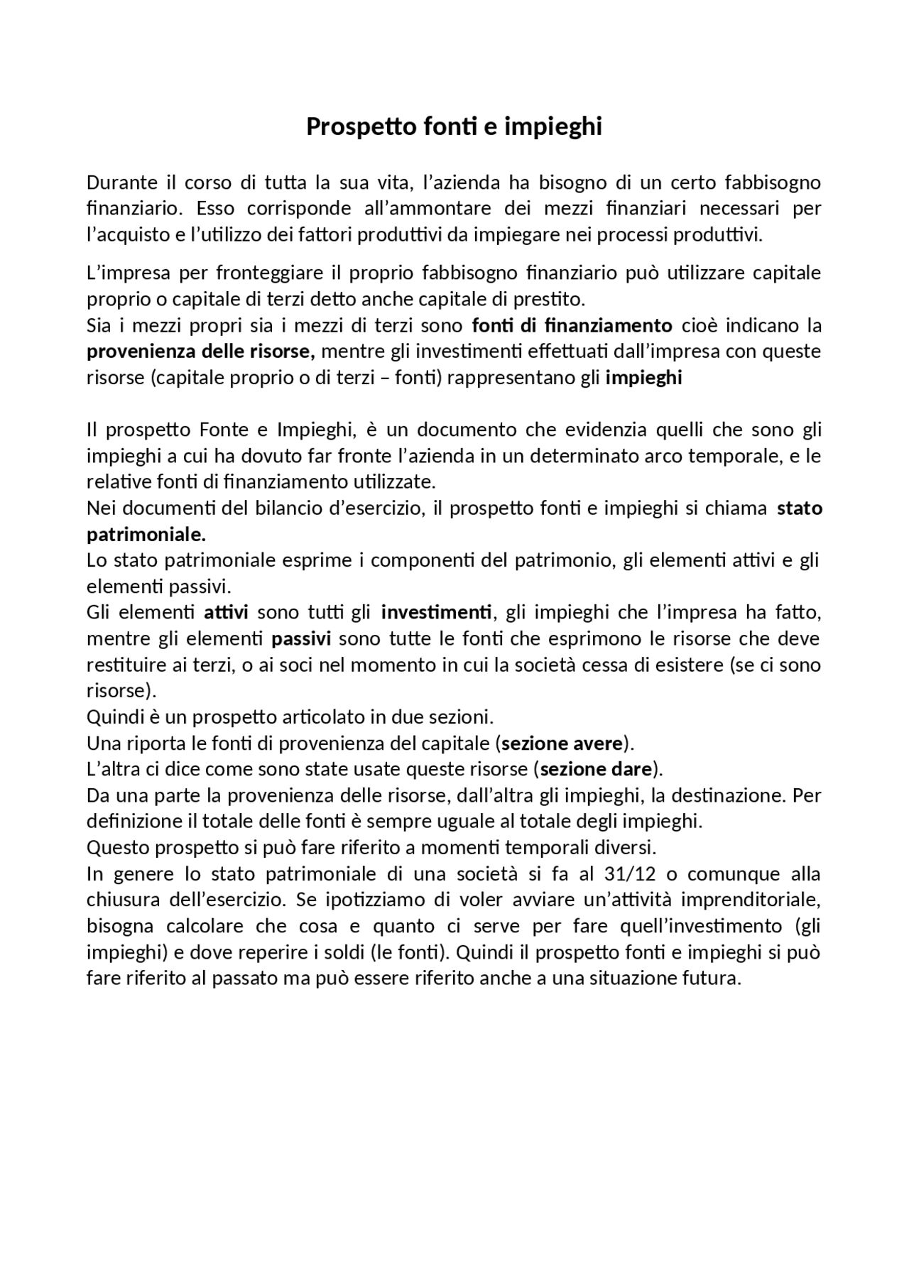 Prospetto fonti e impieghi - Docsity