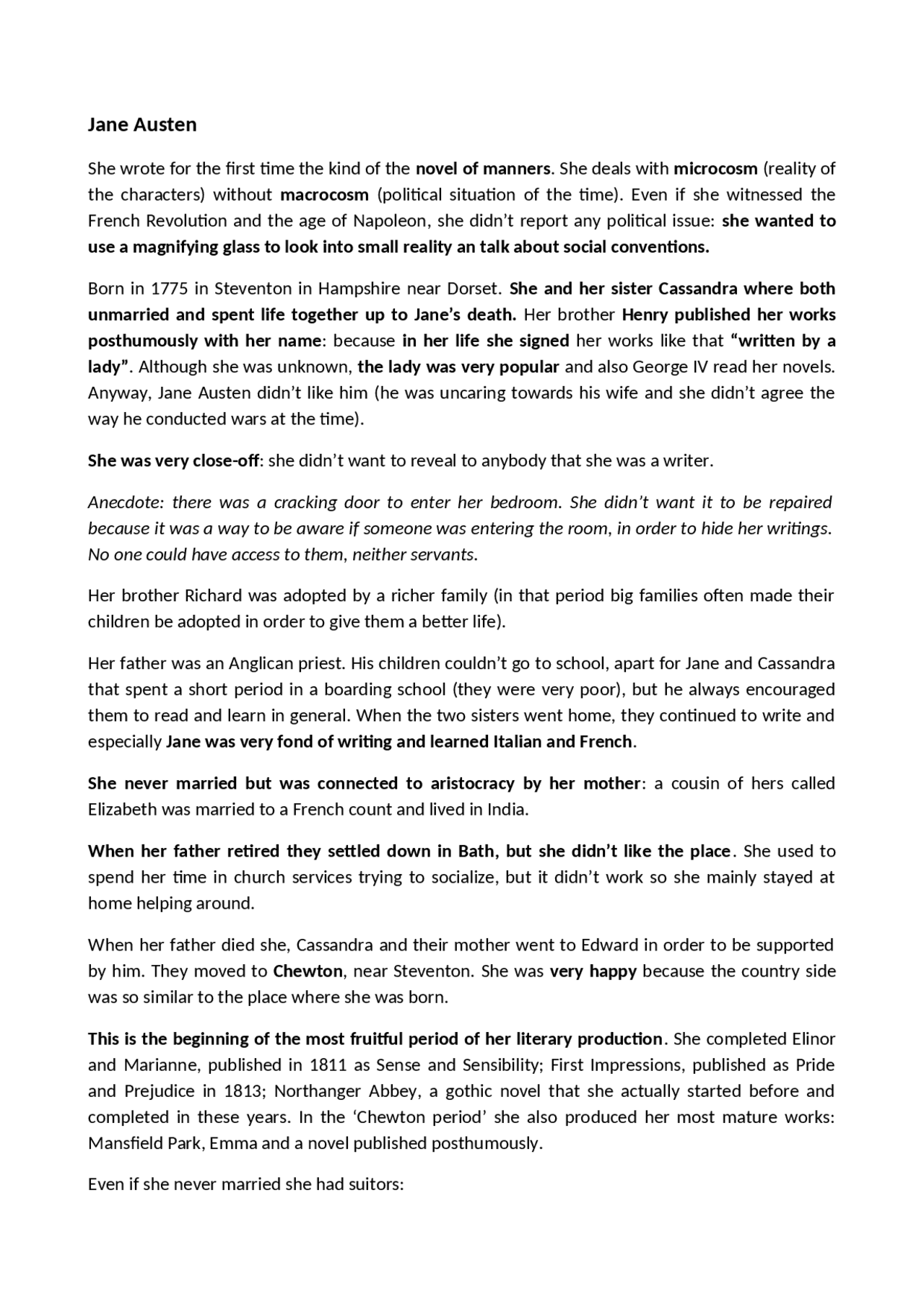 Jane Austen Life And Works English Version Docsity