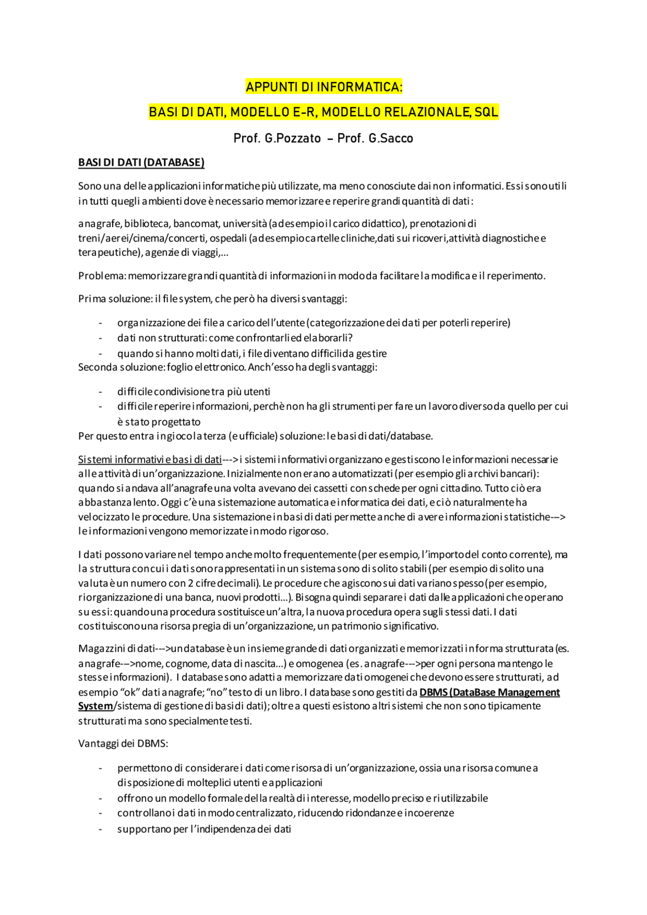 APPUNTI DI INFORMATICA: IL DATABASE E I MODELLI DEI DATI - Docsity