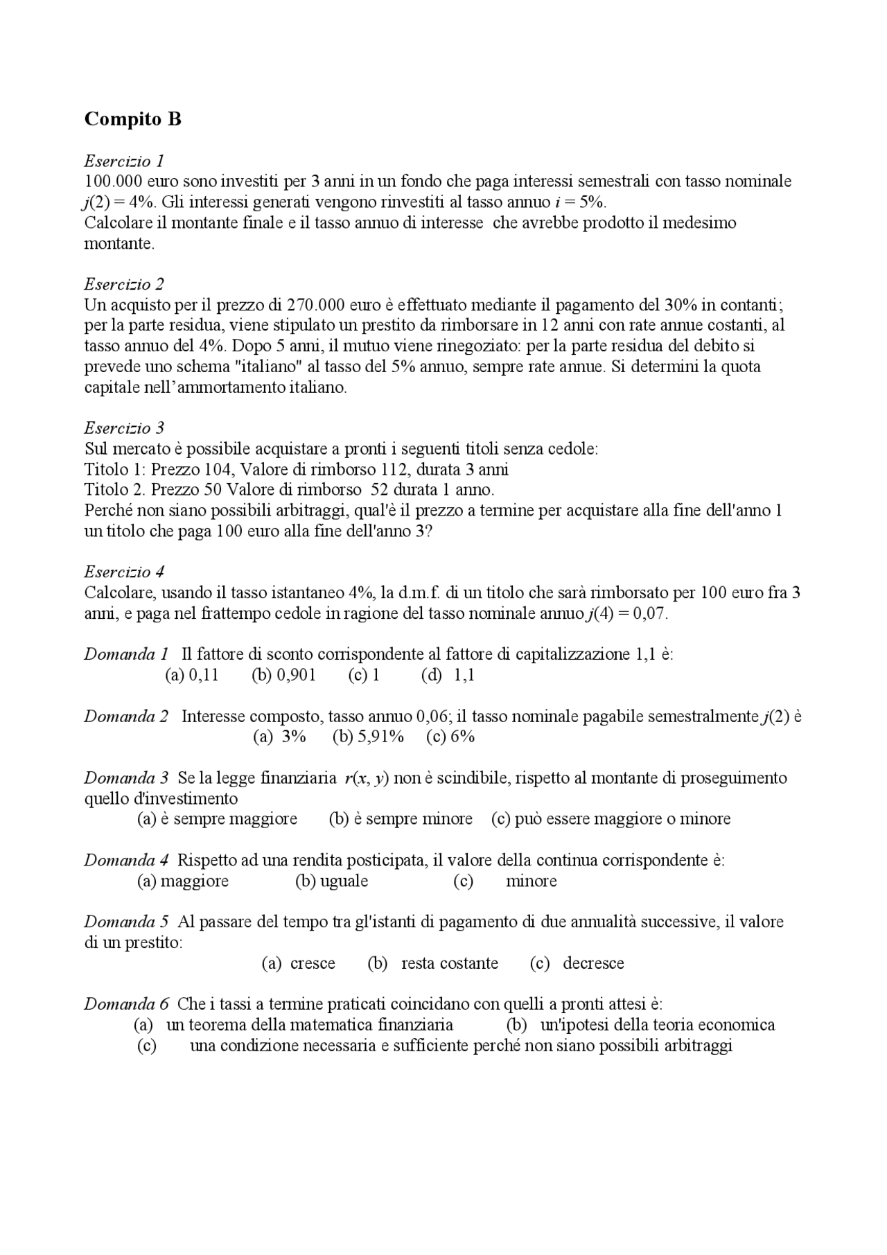 Prova Desame Di Matematica Finanziaria Di Maggio 2020 Sessione Estiva