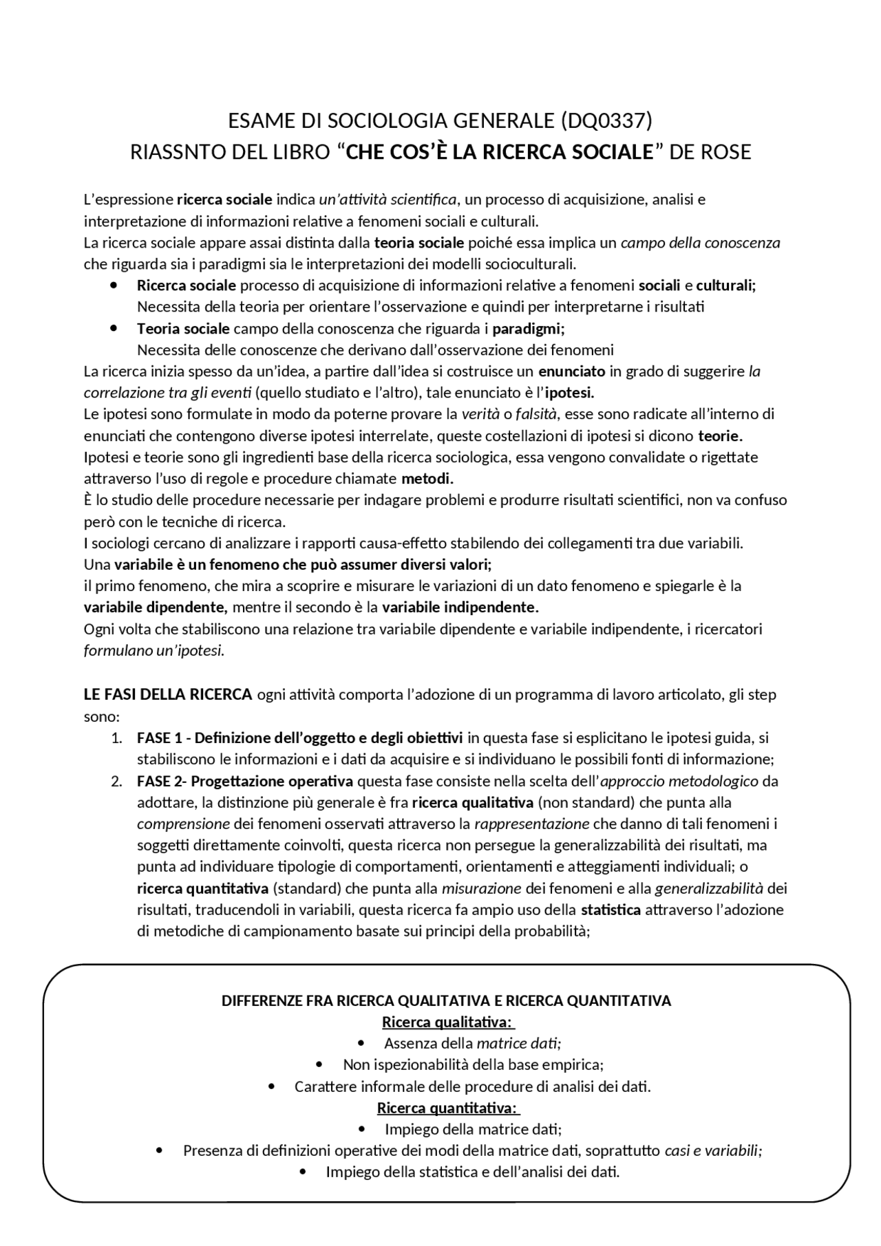 Riassunto Libro Che Cosè La Ricerca Sociale Docsity