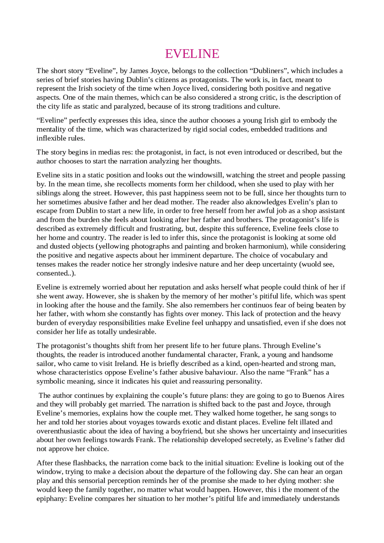 Eveline By James Joyce Analysis Appunti Di Inglese Docsity