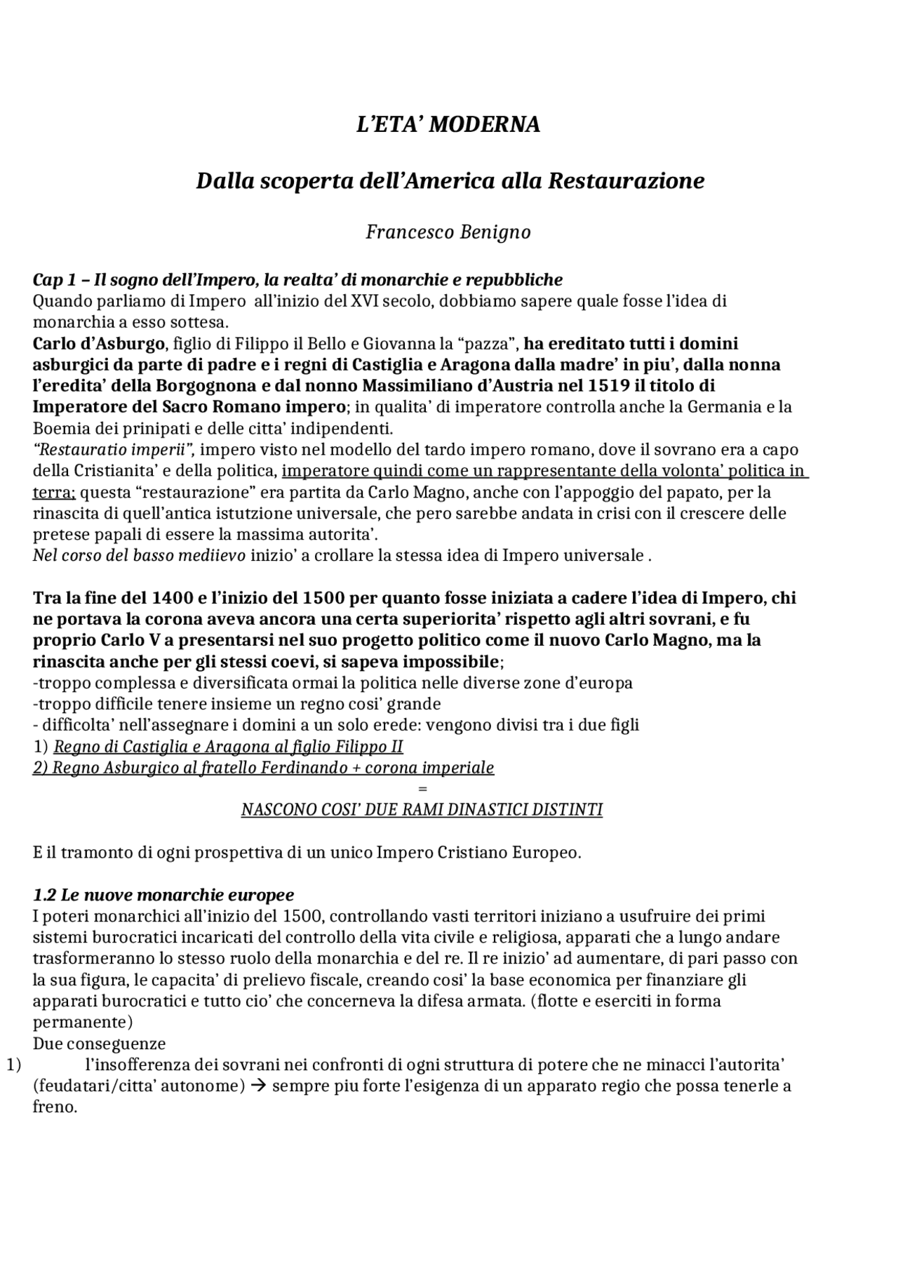 Eta Moderna Riassunto Libro Francesco Benigno Docsity