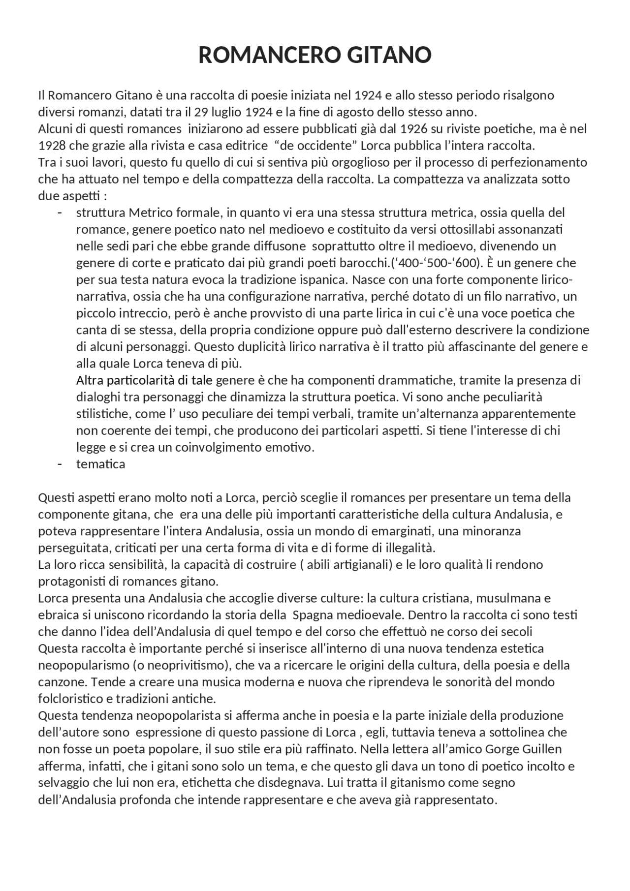 ROMANCERO GITANO- ANALISI | Appunti di Letteratura Spagnola - Docsity