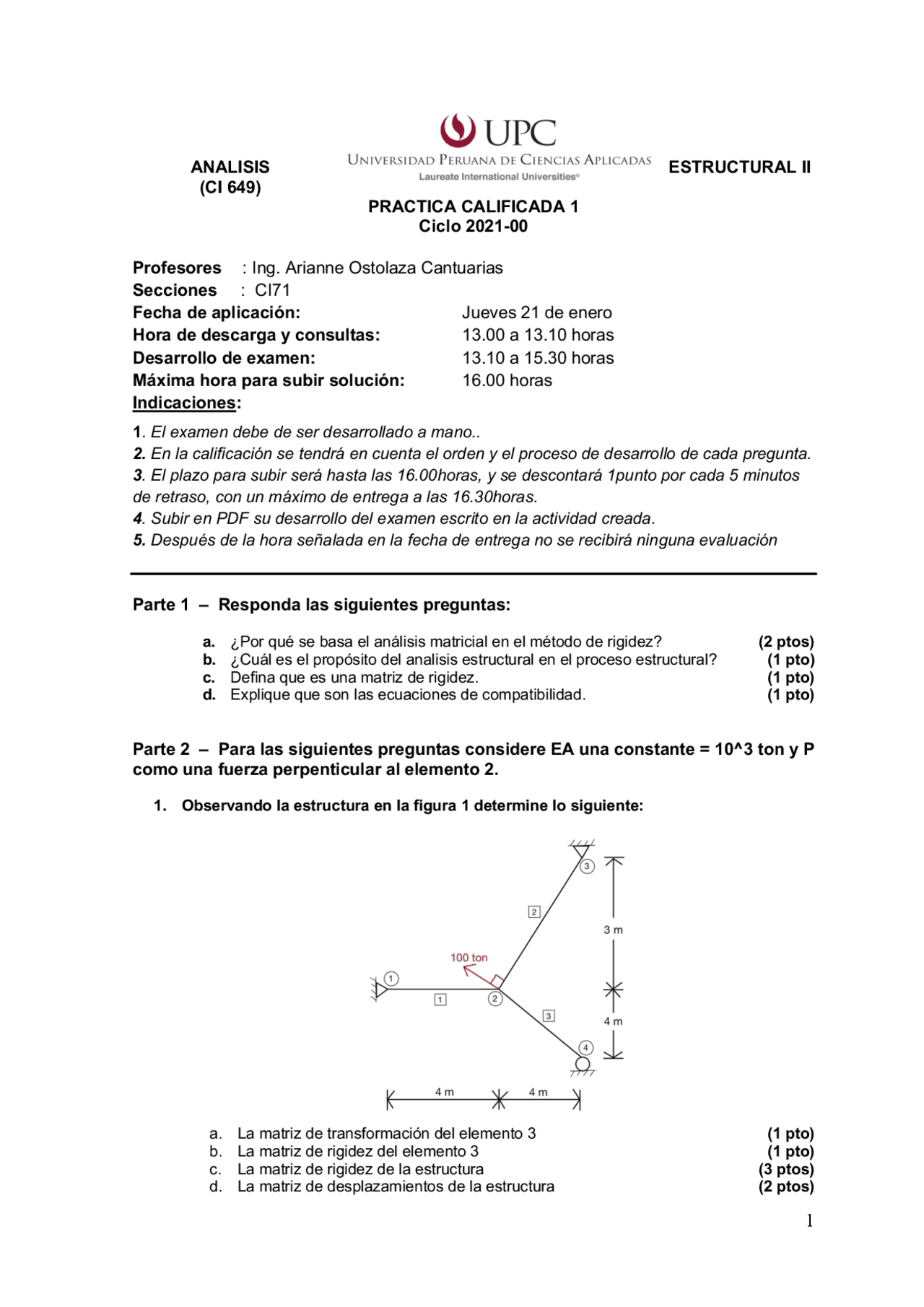Practica Calificada 1 Análisis Estructural Ii Upc Docsity