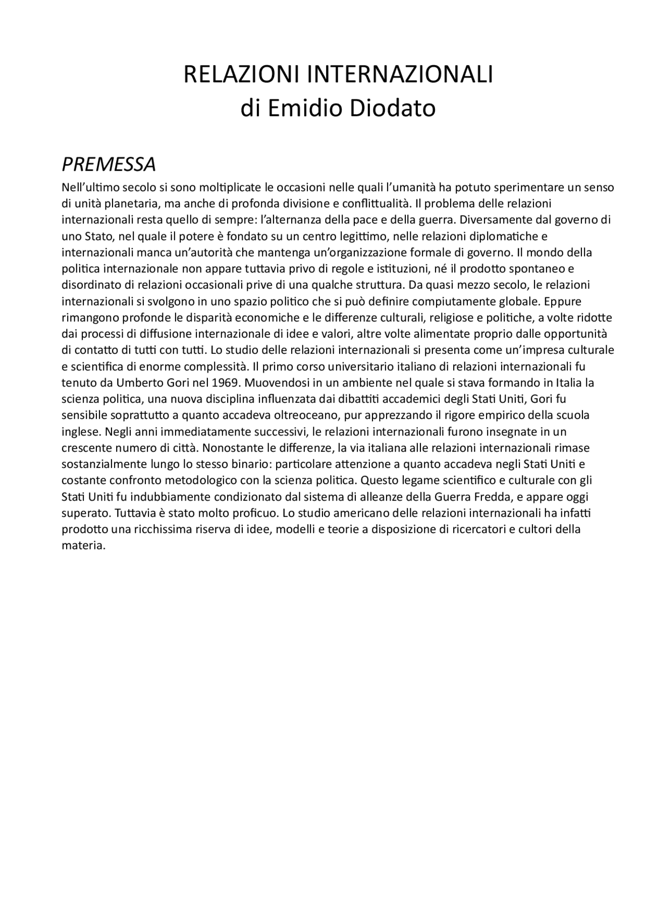 Relazioni Internazionali Diodato Riassunto Parte 1 Docsity