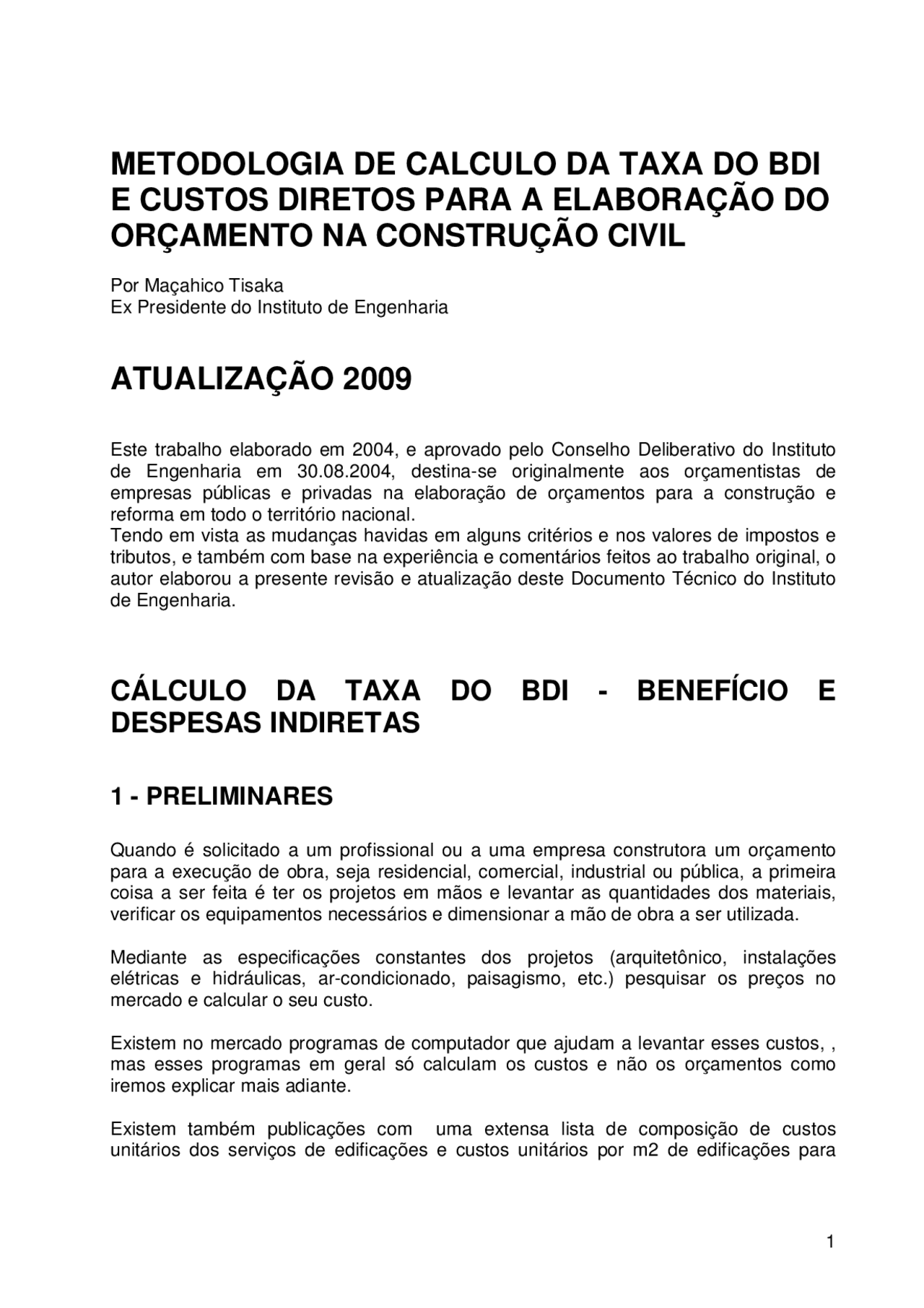 Metodologia De Calculo Da Taxa Do Bdi E Custos Diretos Para A