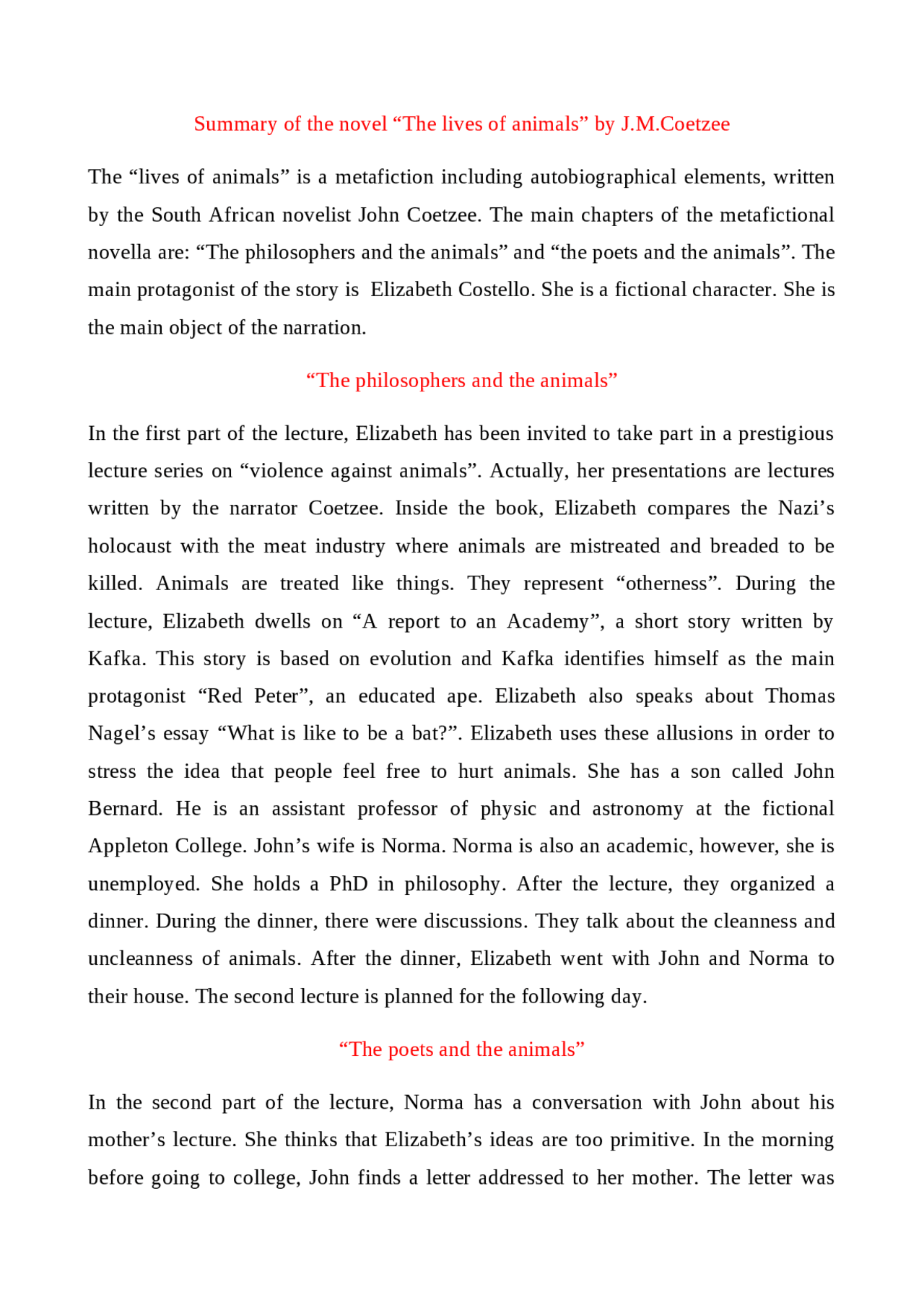 Summary of the book "The lives of animals" written by J.M.Coetzee - Docsity