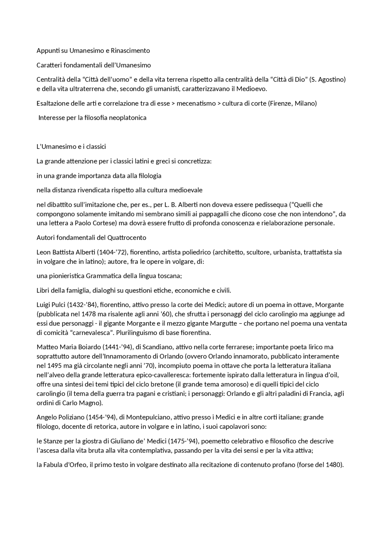 Appunti Su Umanesimo E Rinascimento Docsity