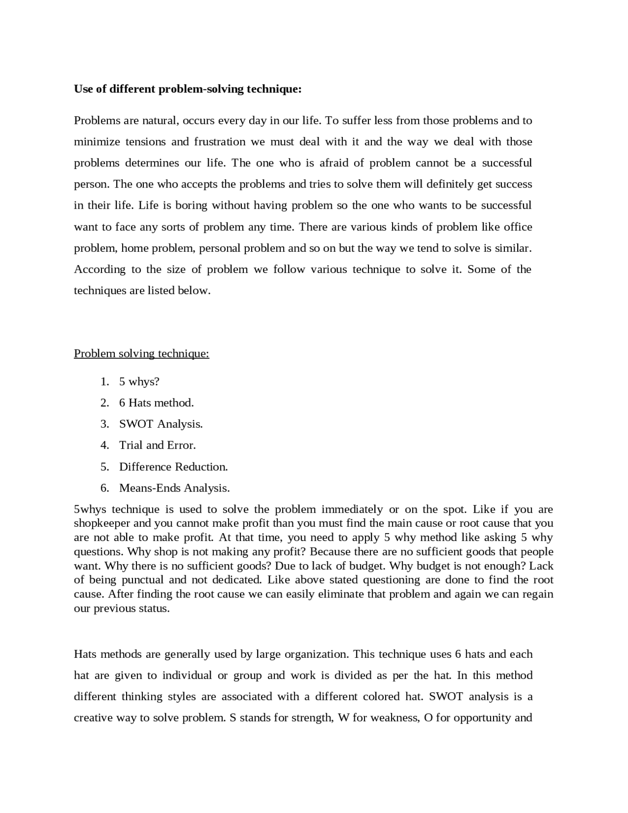 Use Of Different Problem Solving Technique Docsity