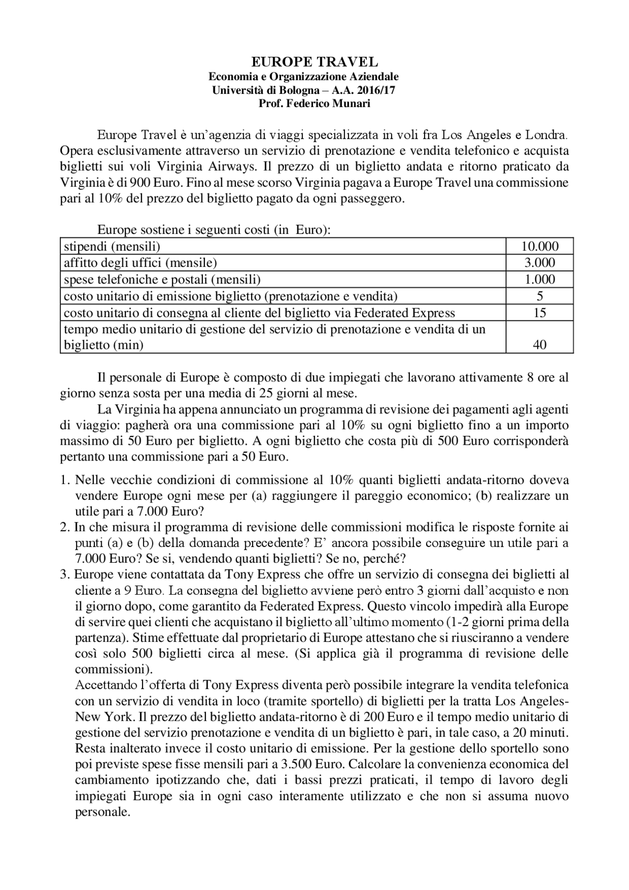 Esercizi Break Even Point Docsity