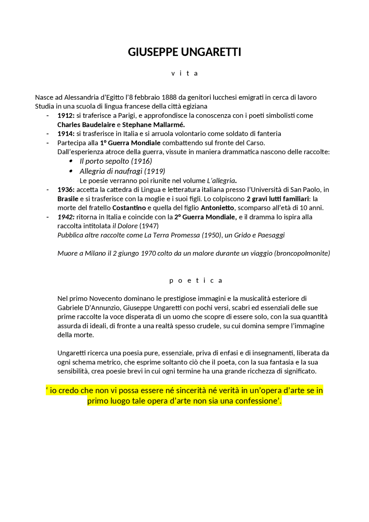 Giuseppe Ungaretti Schema Docsity