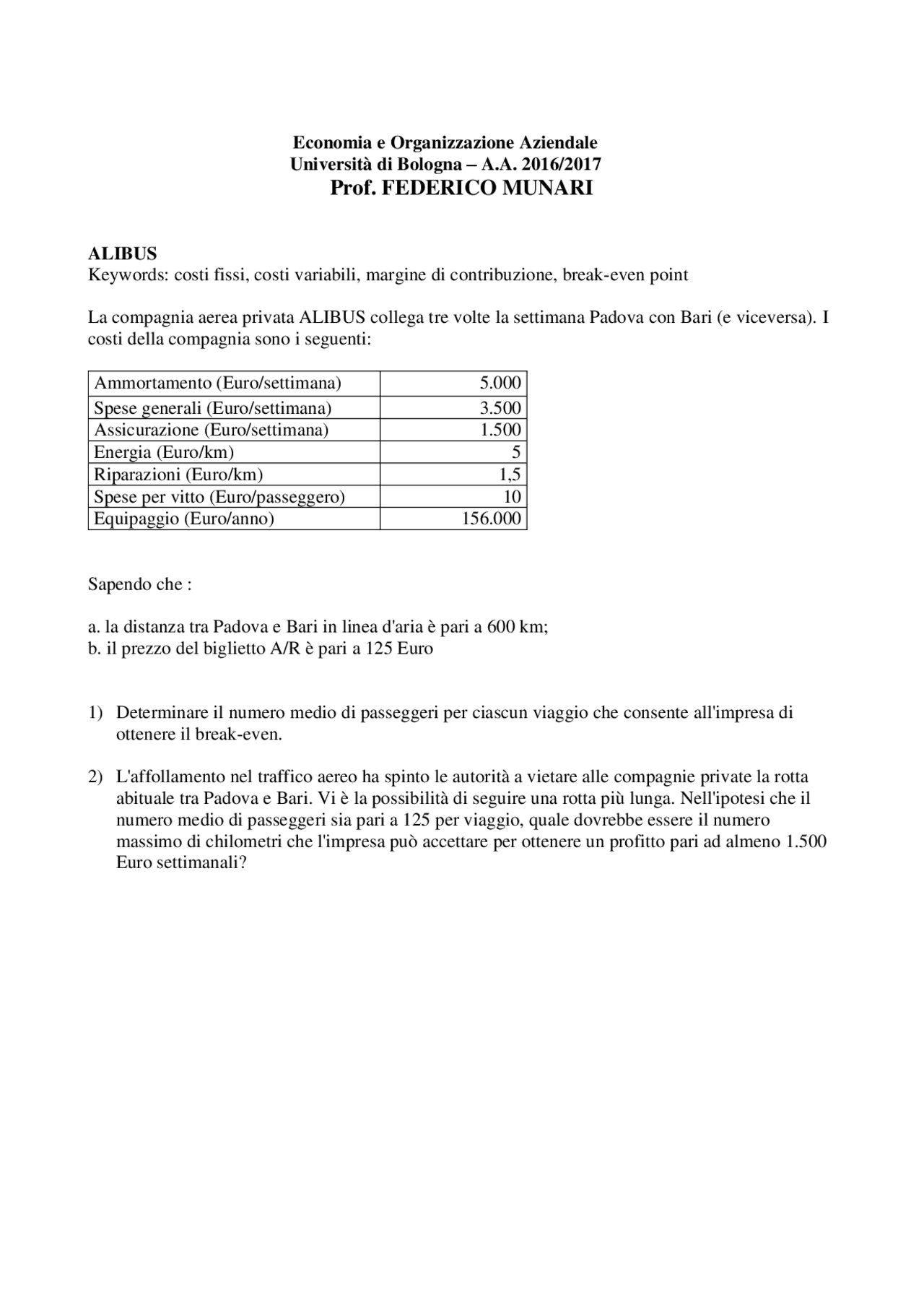 Esercizi Break Even Point Docsity
