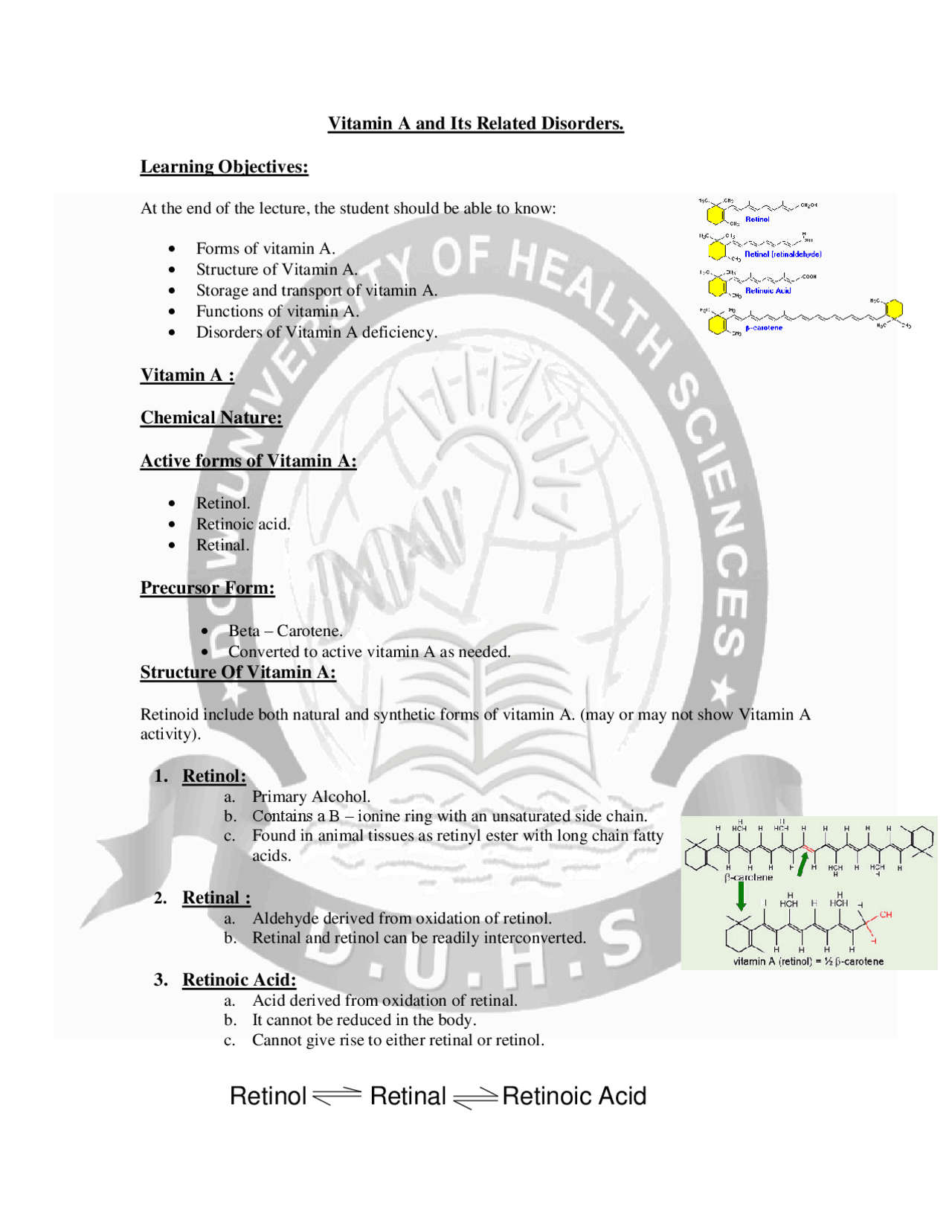 Vitamin A biochemistry | Lecture notes Medical Biochemistry | Docsity
