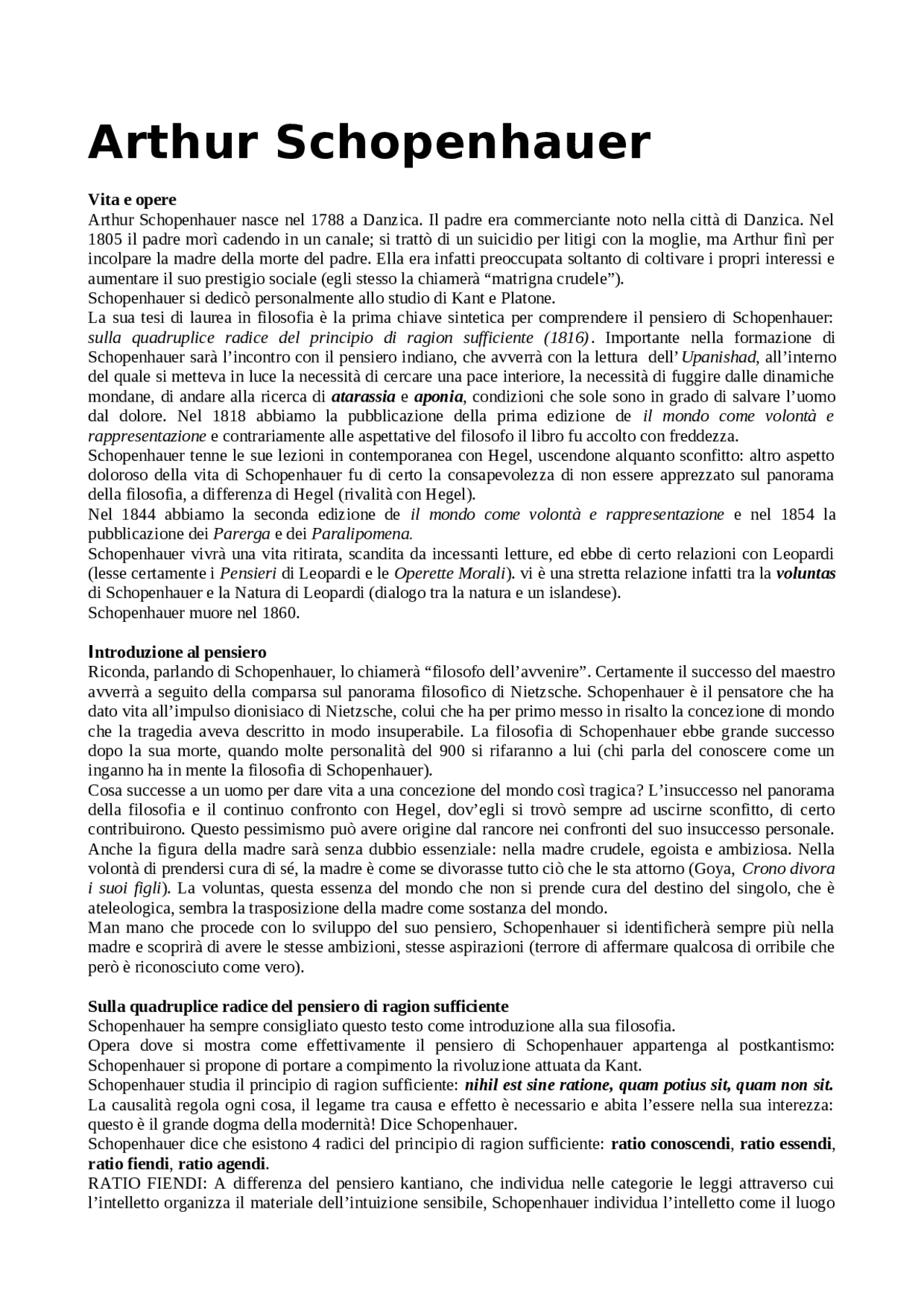 Riassunto Maturita Arthur Schopenhauer Docsity