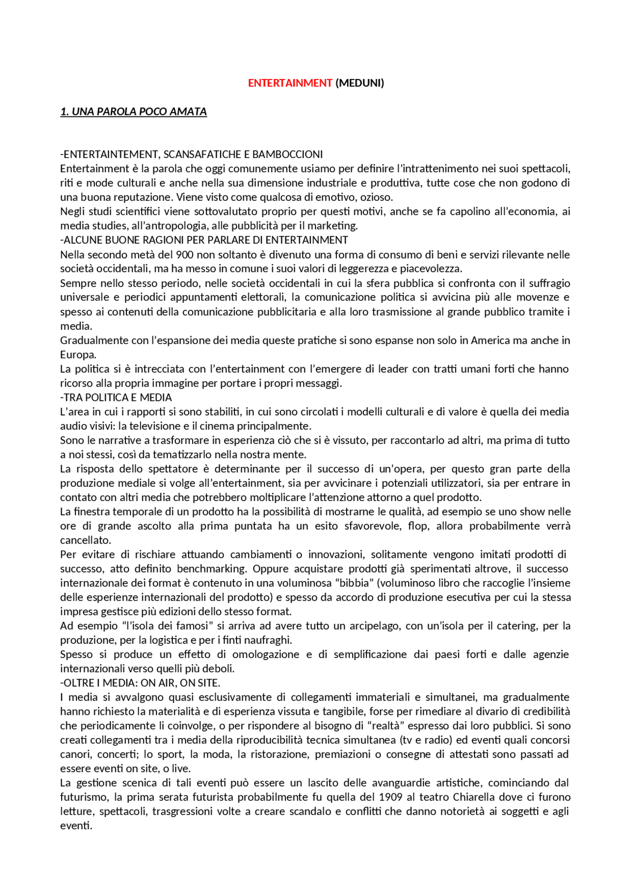 Riassunto Libro Entertainment Docsity