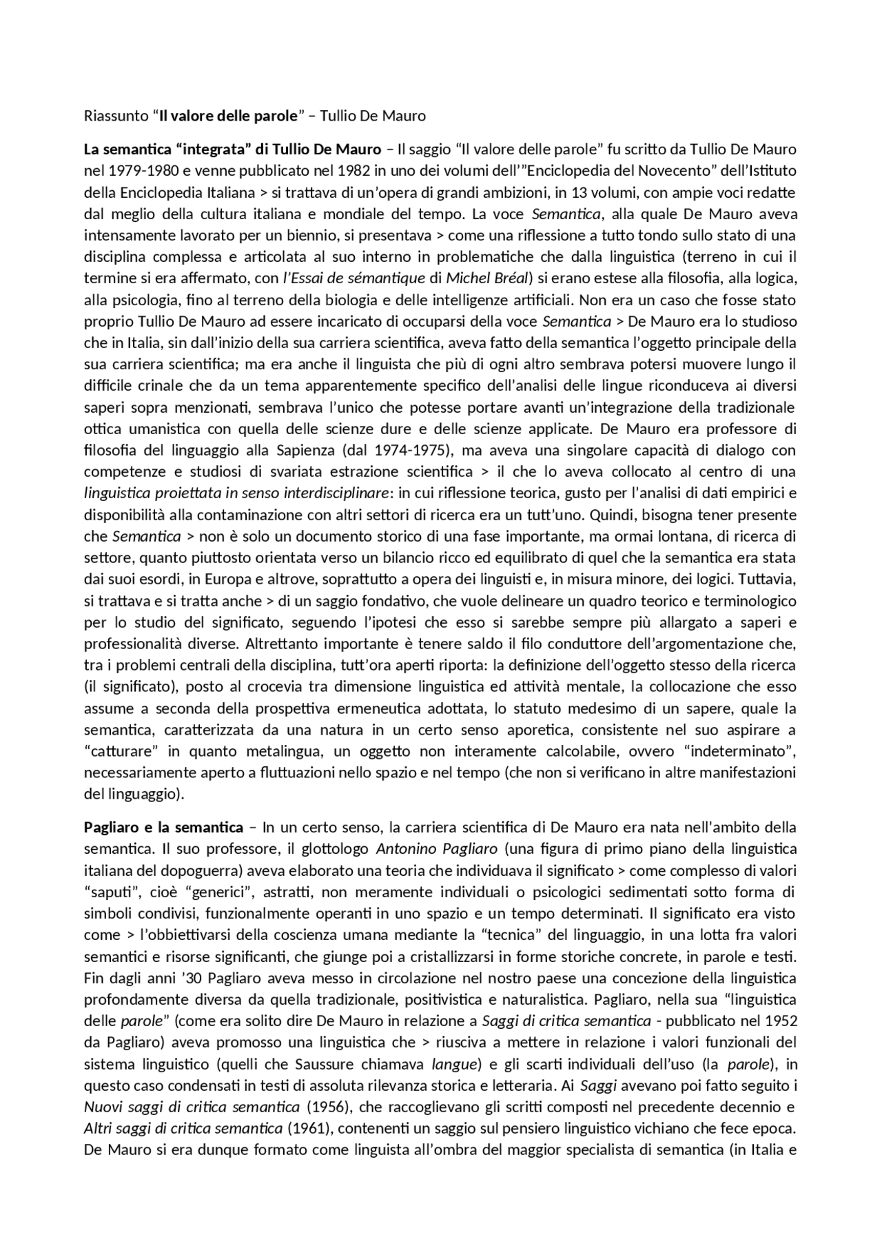 Il Valore Delle Parole De Mauro Docsity