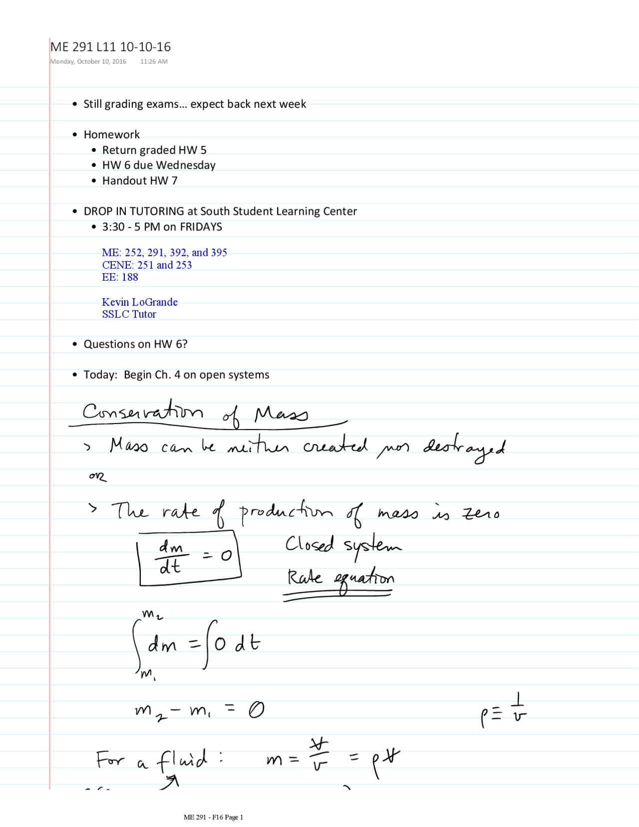 Thermodynamics I Lecture 11 Conservation Of Mass Docsity