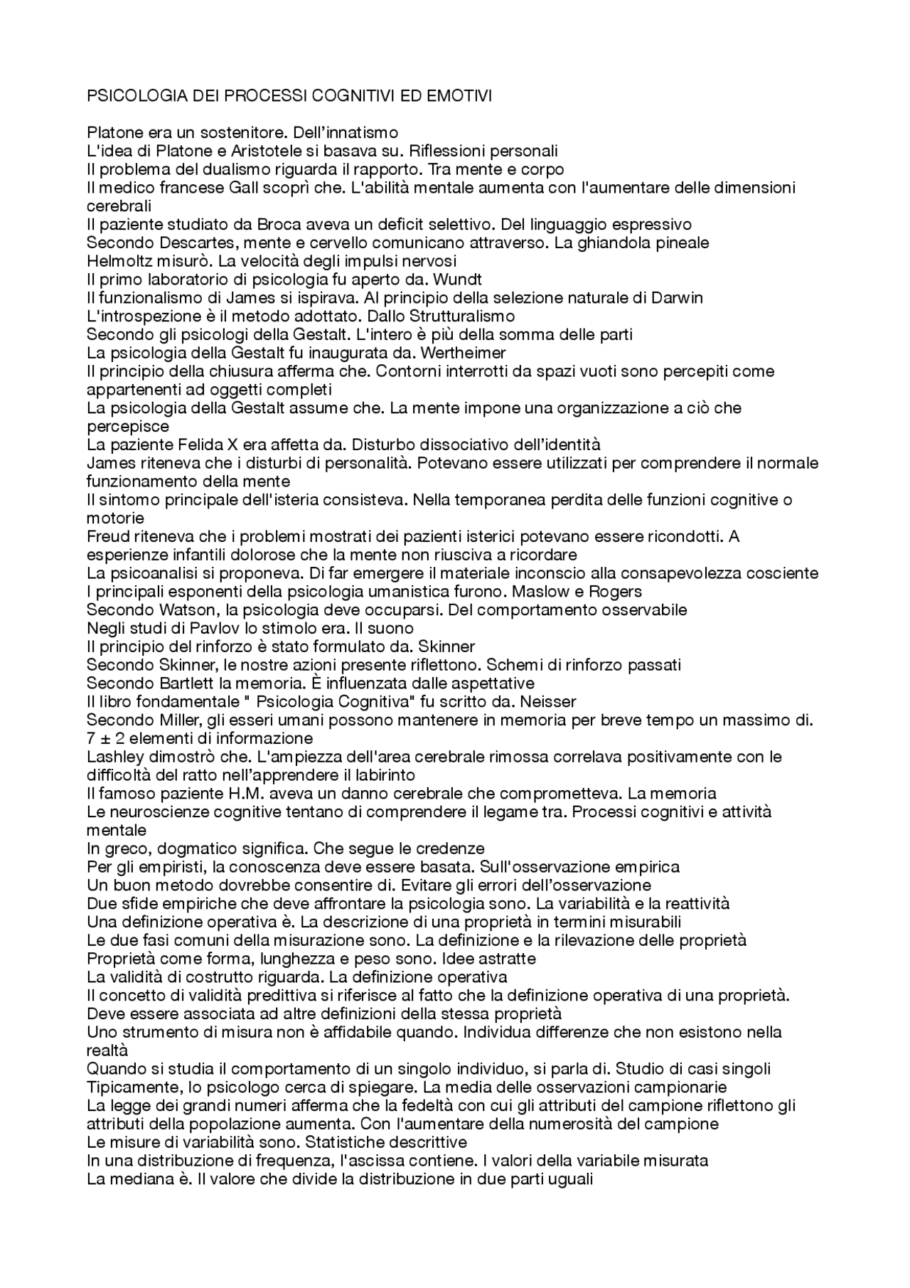 Psicologia Dei Processi Cognitivi Ed Emotivi Dicembre 2020 Docsity