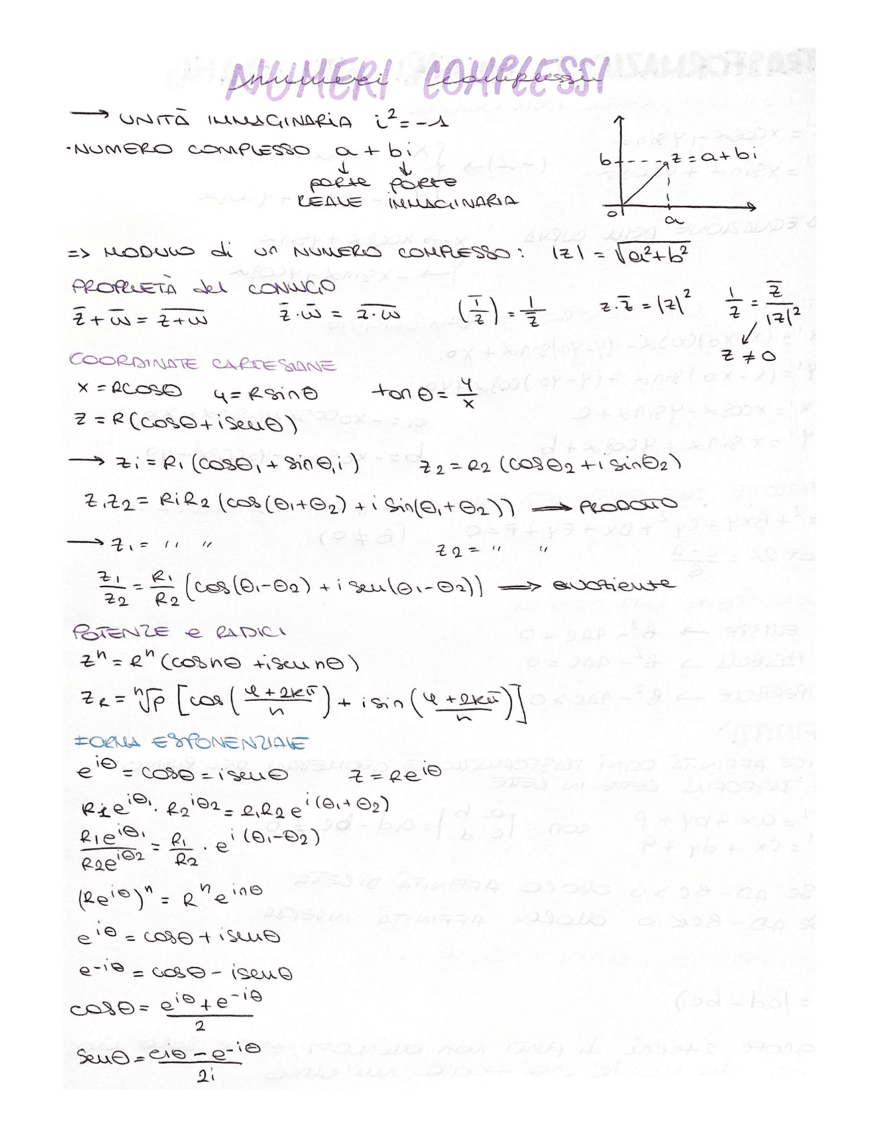 Formulario numeri complessi e trasformazioni lineari nel piano - Docsity