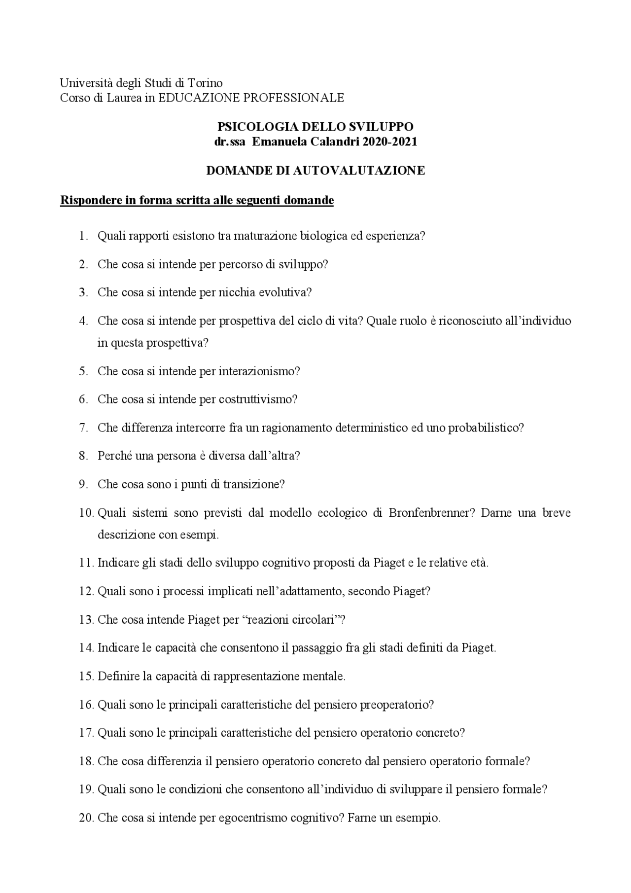 Domande Esame Psicologia Dello Sviluppo Docsity