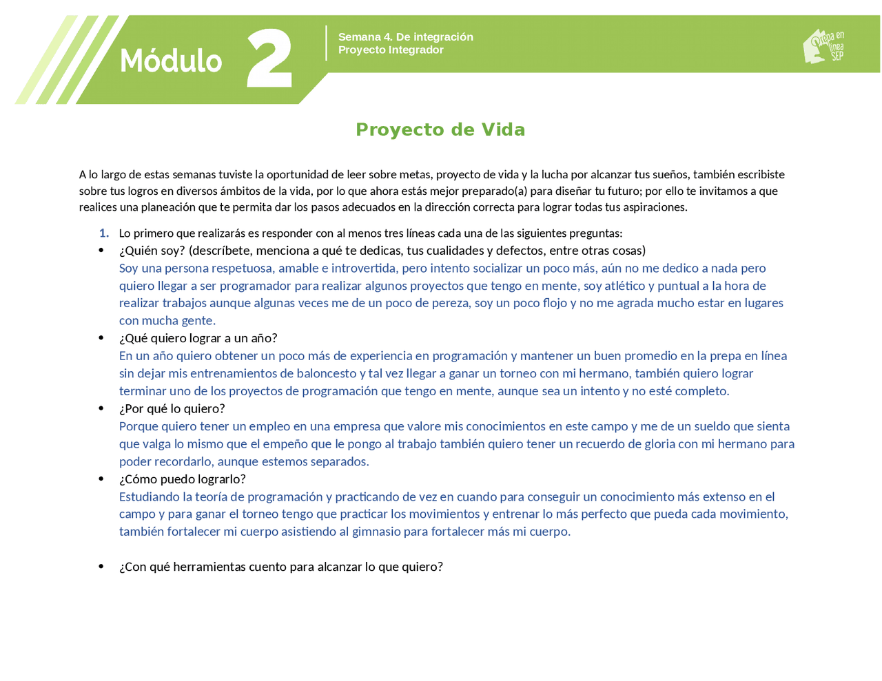 Proyecto integrador del modulo 1 prepa sep - Docsity