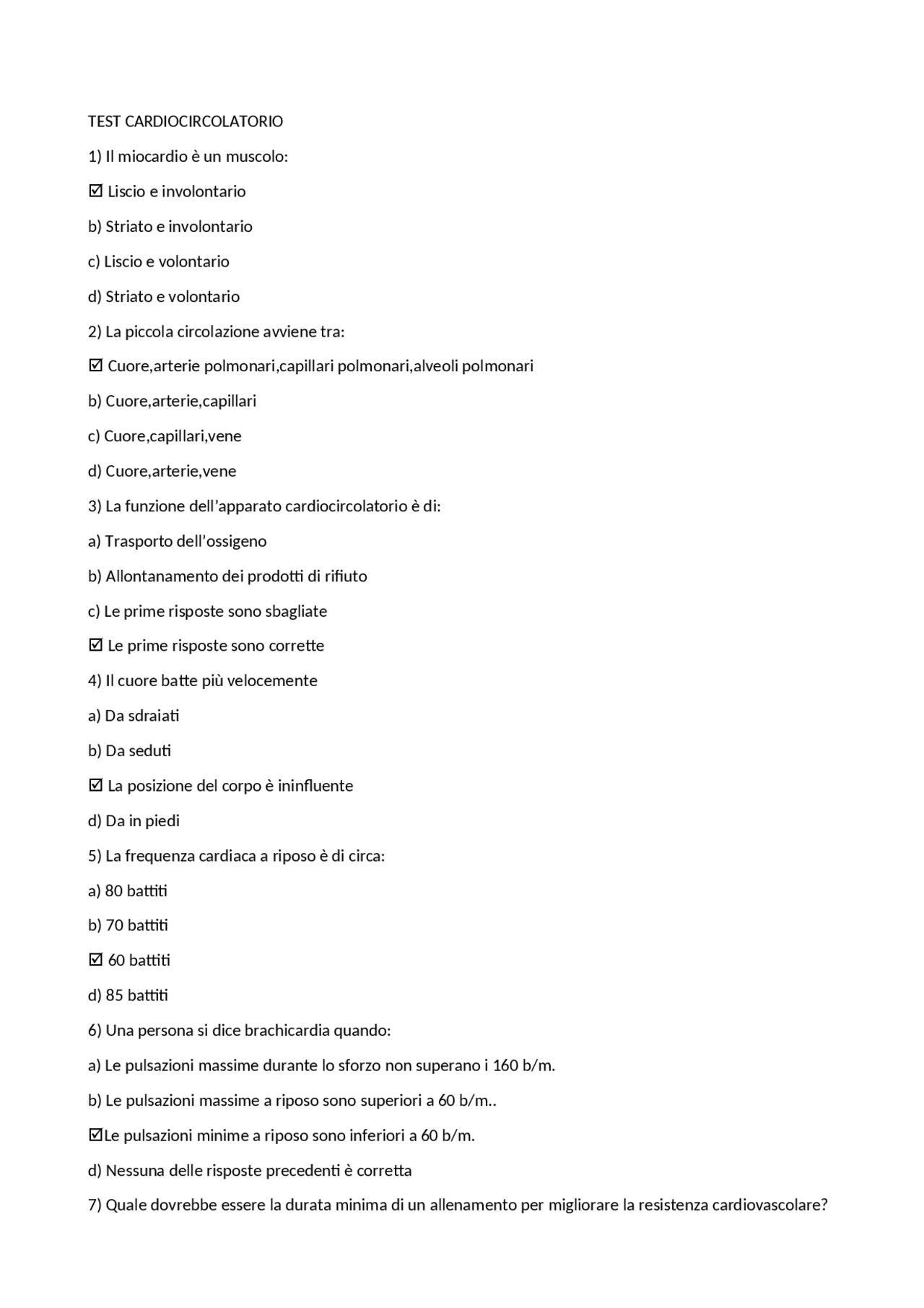 Test Apparato Cardio Circolatorio Esercizi Di Educazione Fisica Docsity