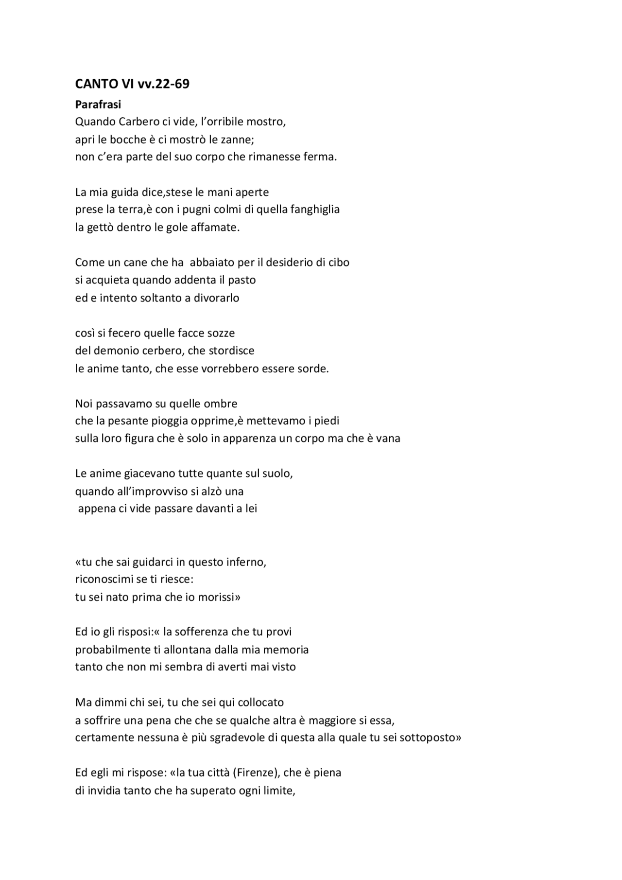 Canto VI parafrasi e commento con analisi personale - Docsity
