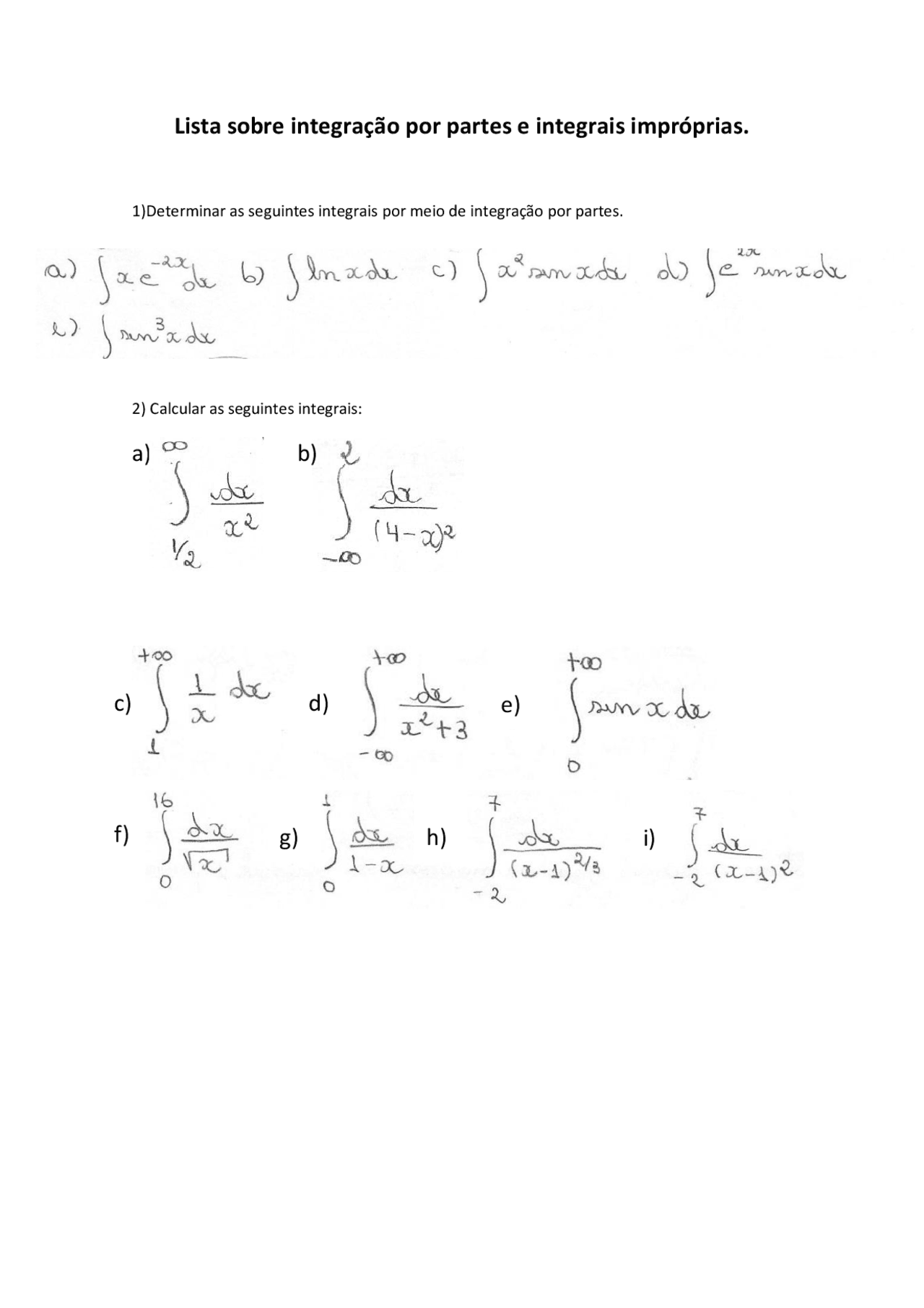 Lista sobre Integração por Partes e Integrais Impróprias - Docsity