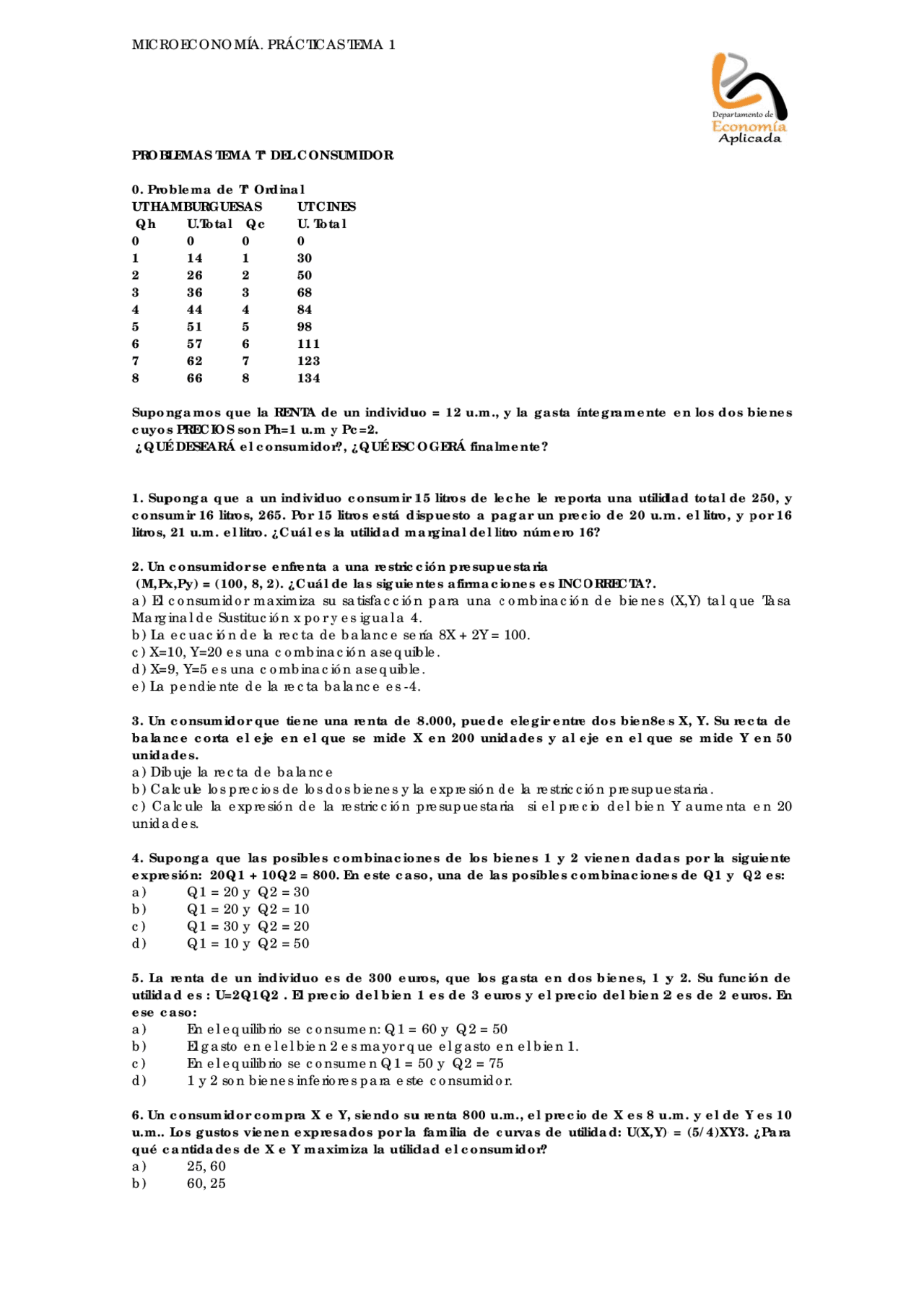 Problemas Tema 1 Microeconomia Exercises Of Microeconomics Docsity