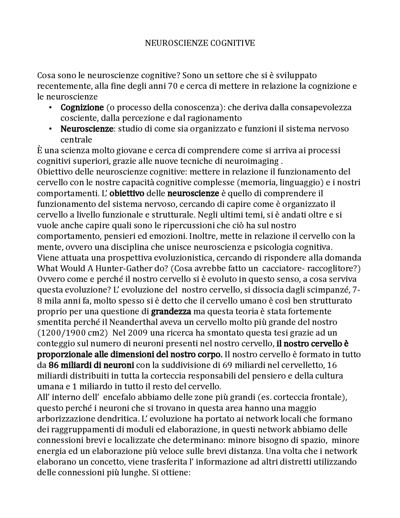 Neuroscienze Cognitive Docsity
