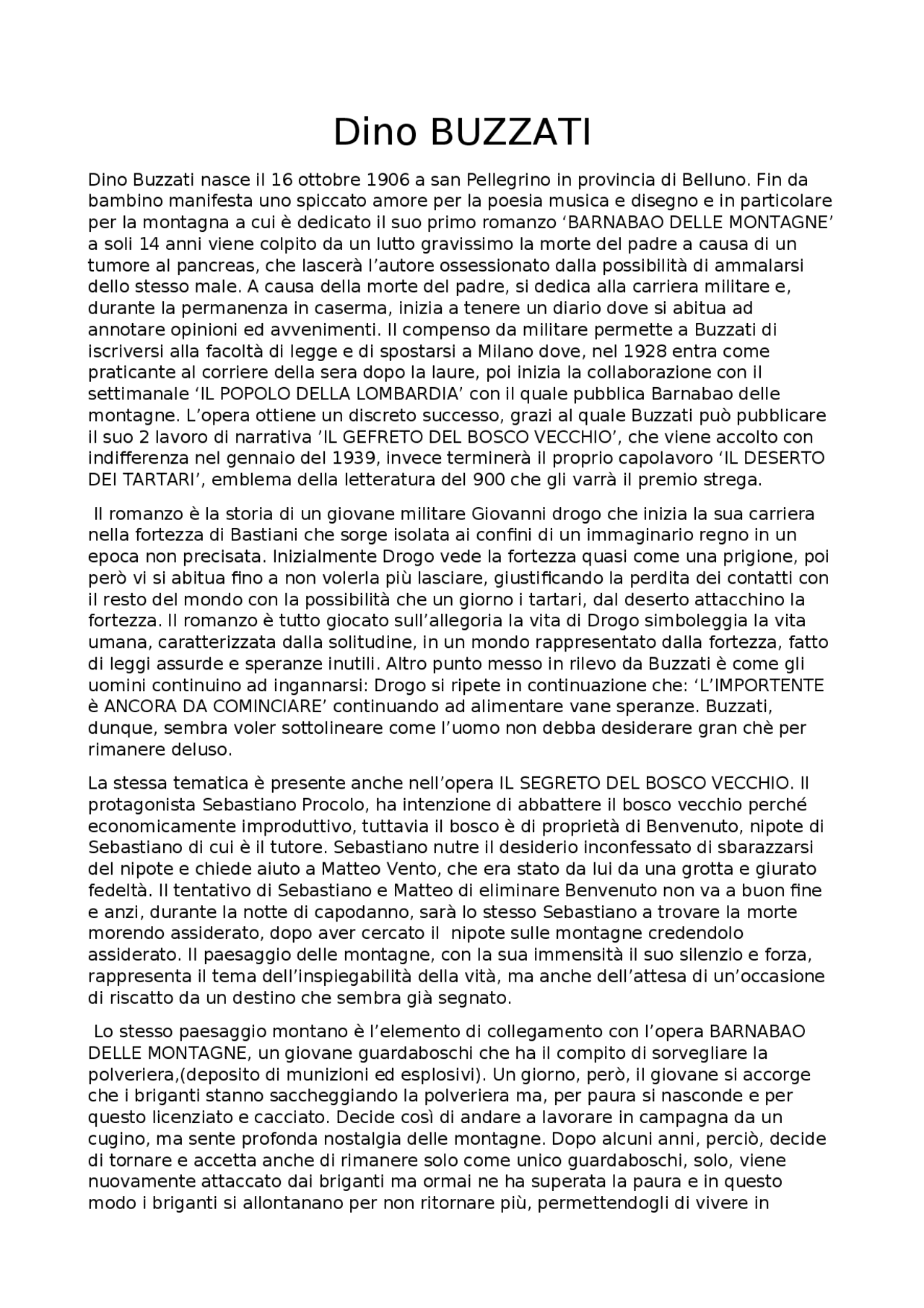 Vita Di Dino Buzzati Docsity