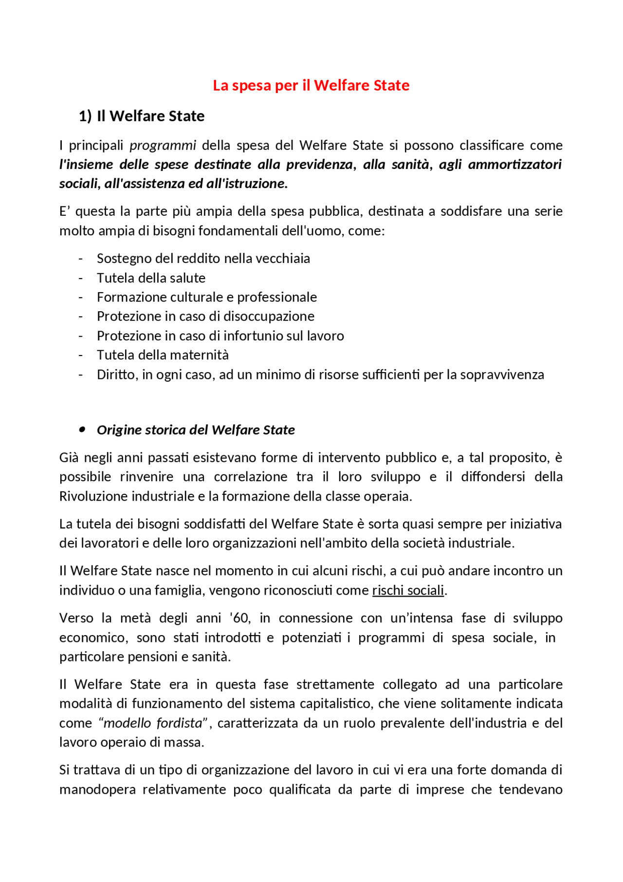 La spesa del Welfare State - Docsity