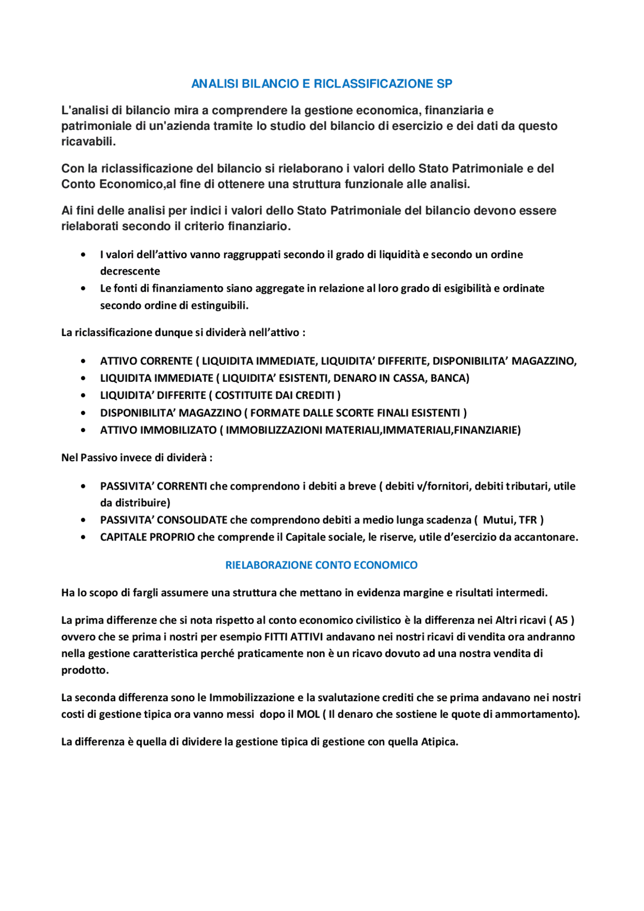 Sp E Ce Riclassificati Ed Alcuni Indici Docsity