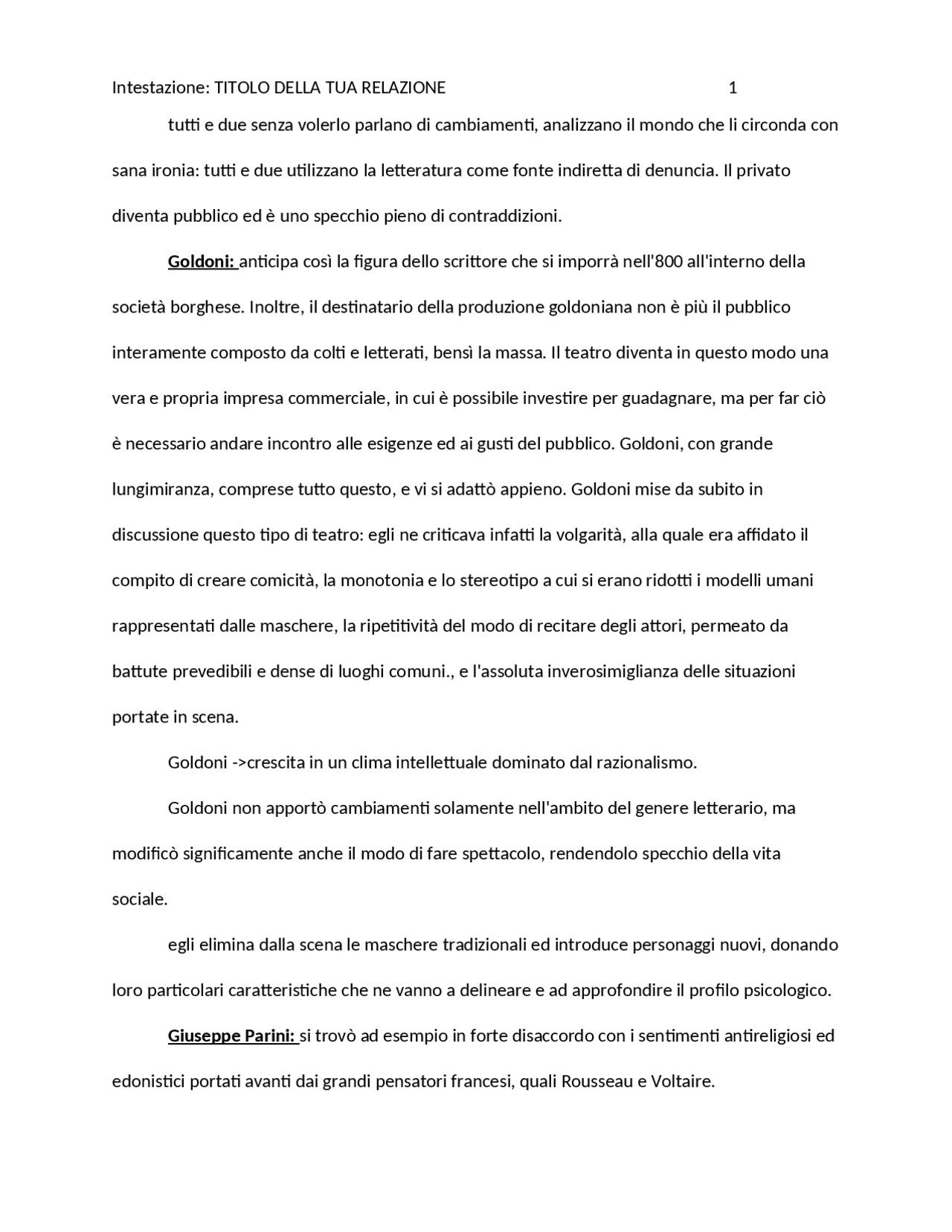 Goldoni E Parini Sintesi Docsity
