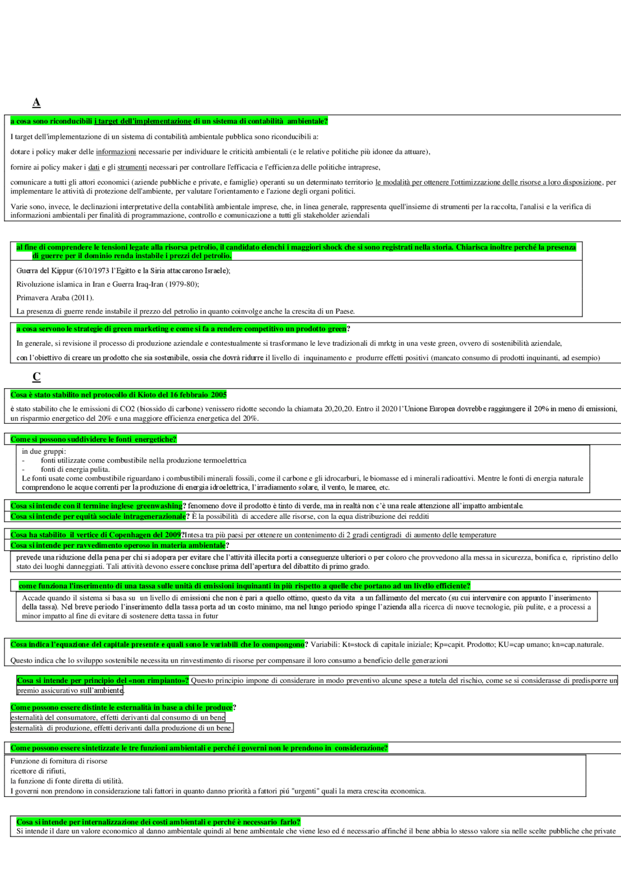 Domande Aperte Economia Dellambientee Campus Docsity