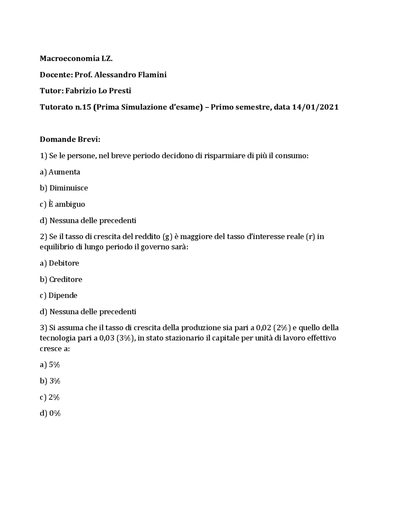 Simulazione Esame Macroeconomia Esercizi Di Macroeconomia Docsity