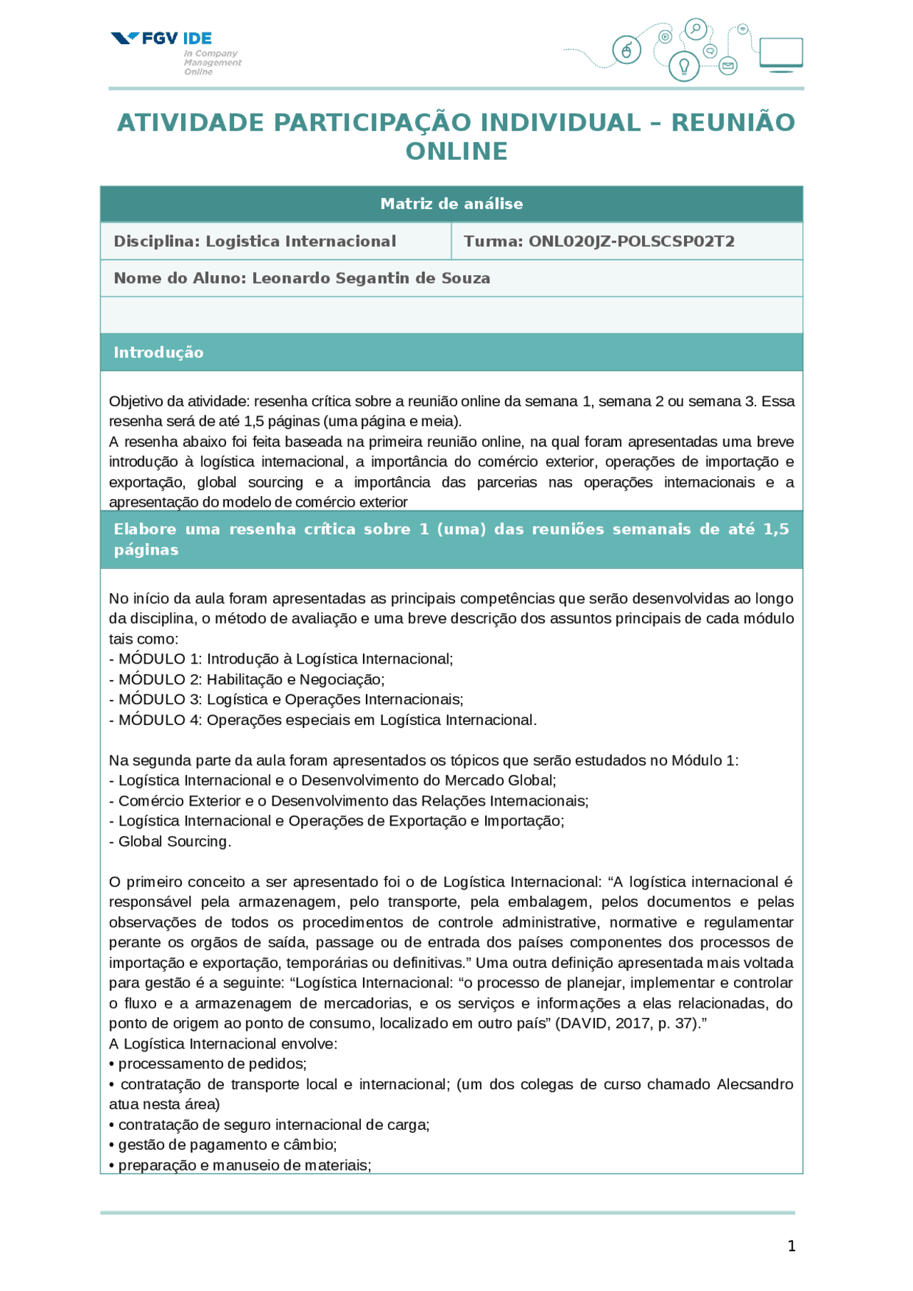 Matriz Participação Individual Logistica Internacional Matrícula
