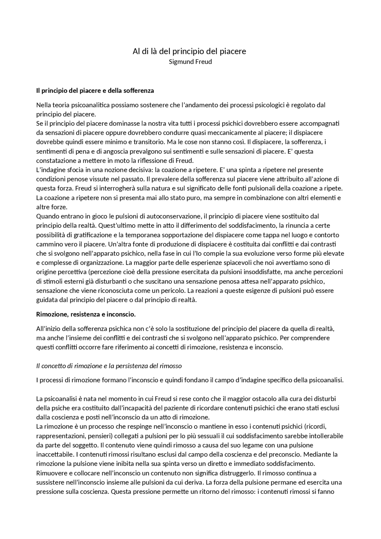 Al Di Là Del Principio Di Piacere Docsity