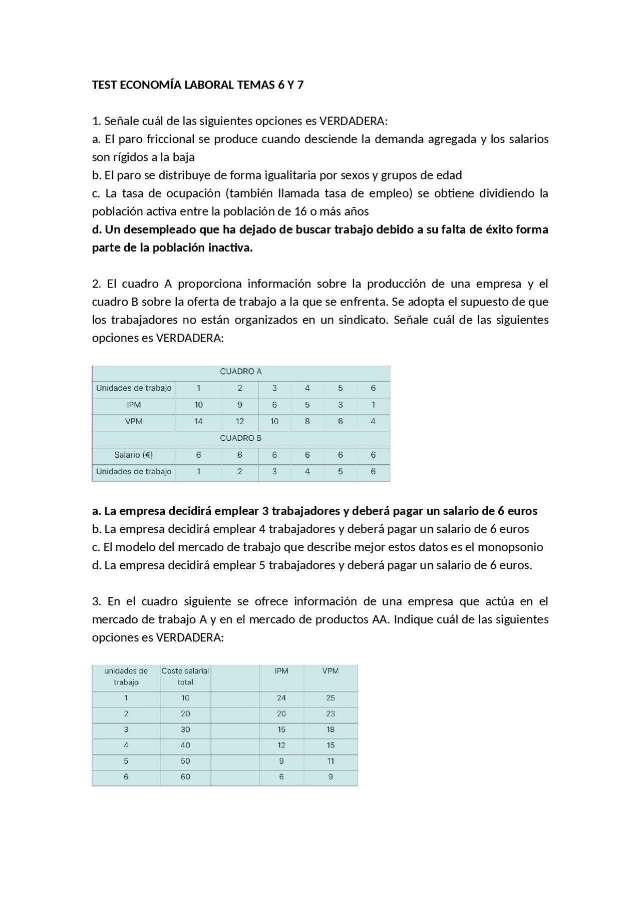 TEST ECONOMÍA LABORAL | Exámenes de Economía laboral | Docsity