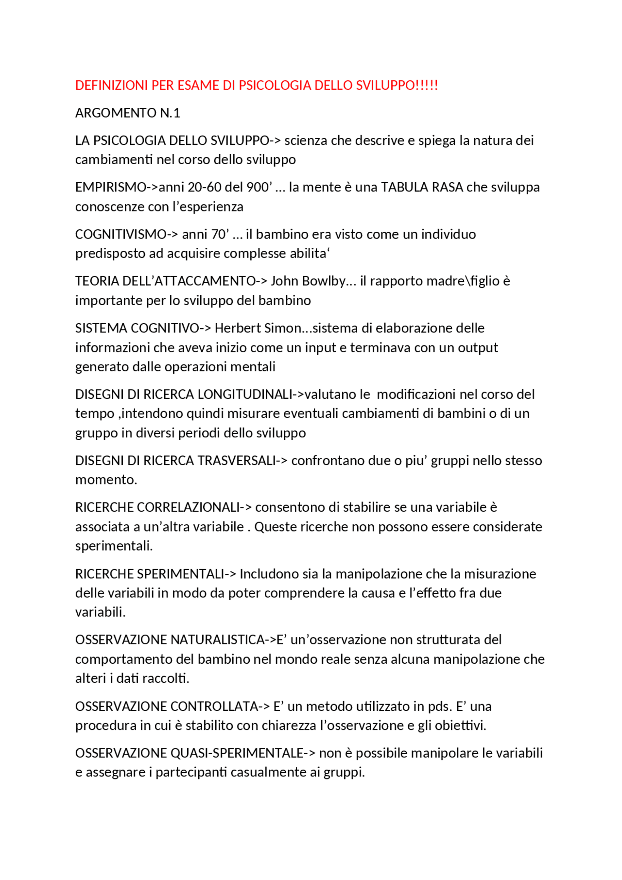 Definizioni Manuale Psicologia Dello Sviluppo Docsity