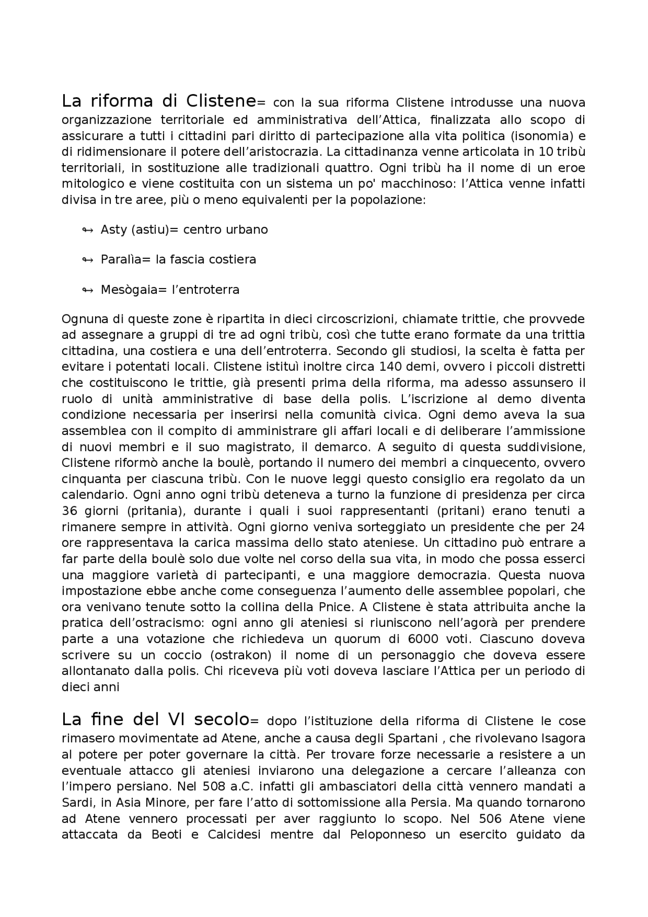 La riforma di Clistene e la fine del VI secolo - Docsity